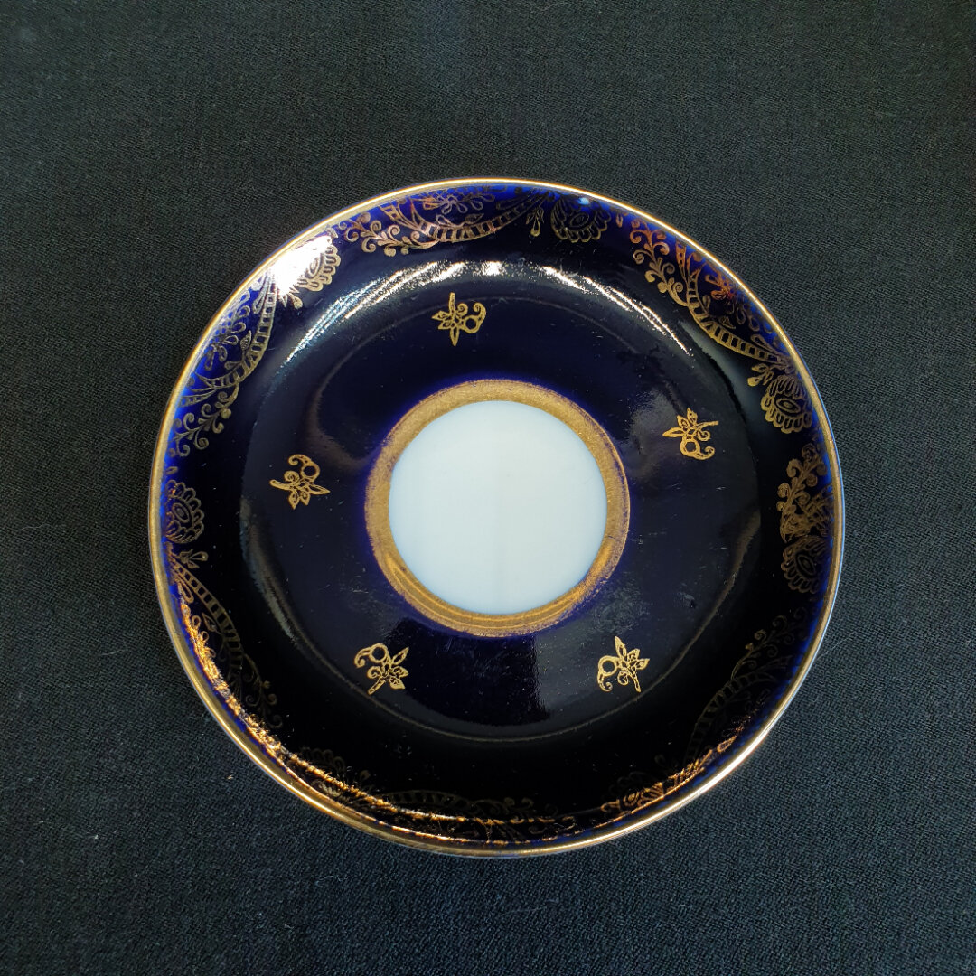 Винтажное блюдце чайное ЛФЗ, фарфор золочение кобальт 14 см, СССР