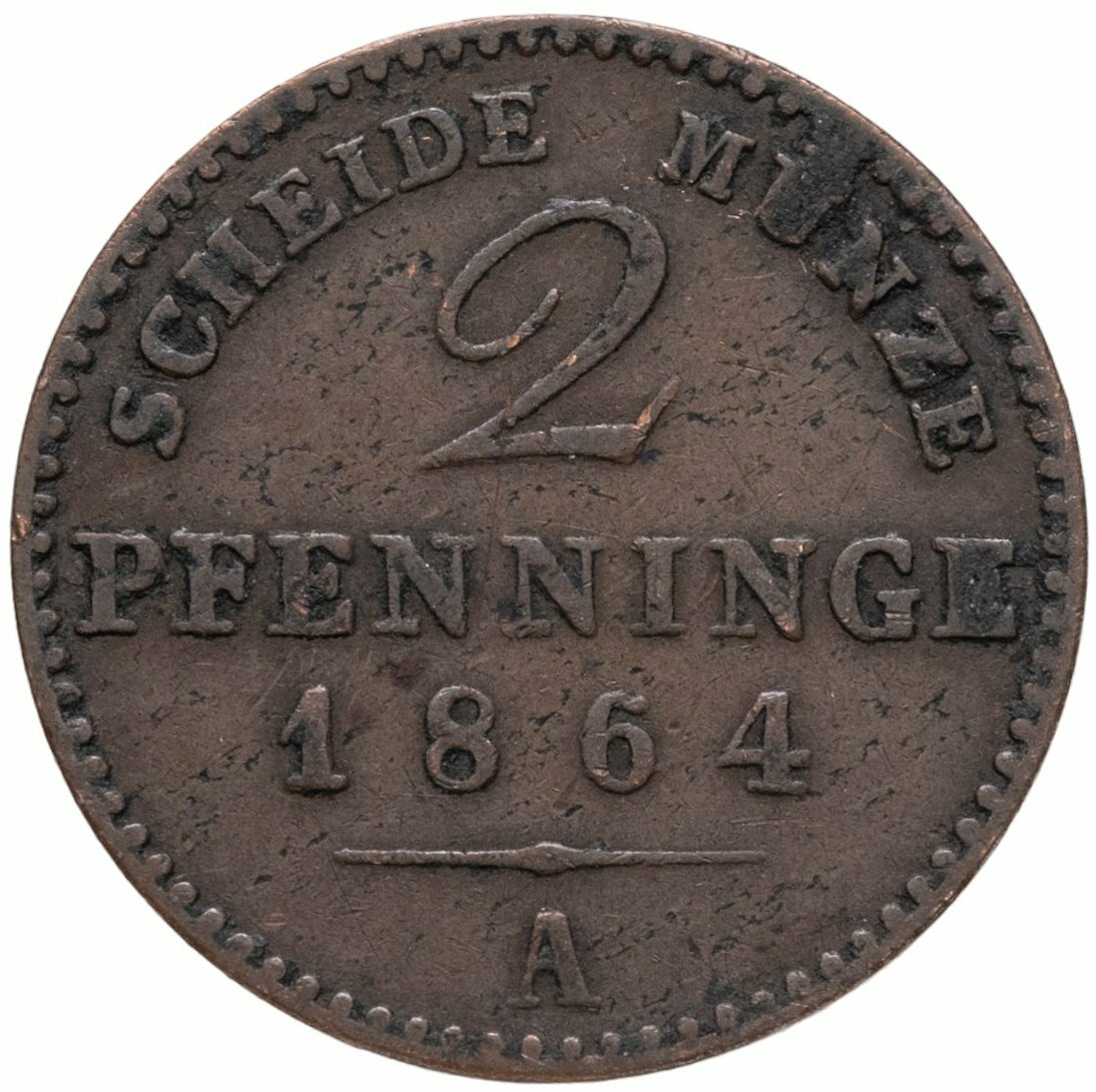 Пруссия 2 пфеннинга pfenninge 1864 A, отметка монетного двора: "A" - Берлин, Медь, в сохранности VF