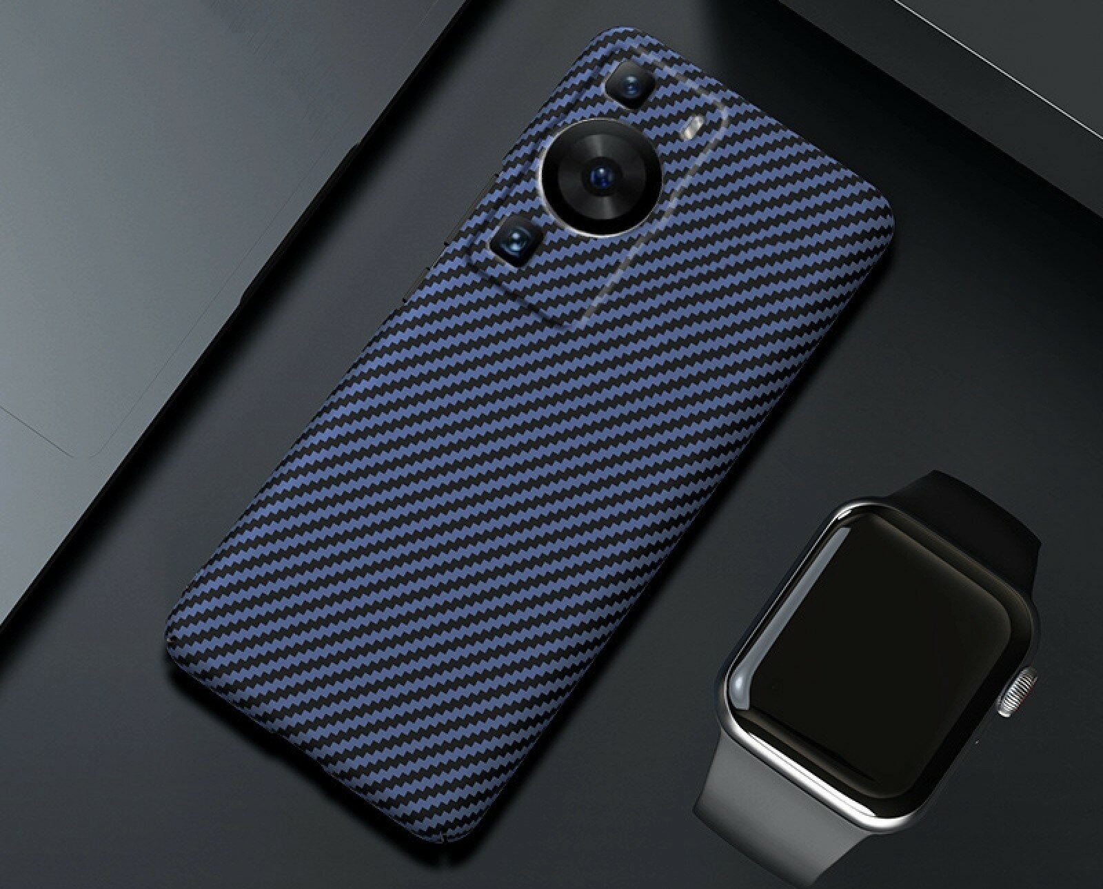 Чехол панель-бампер MyPads для Huawei P60 и P60 Pro с матовой карбоновой отделкой, синий