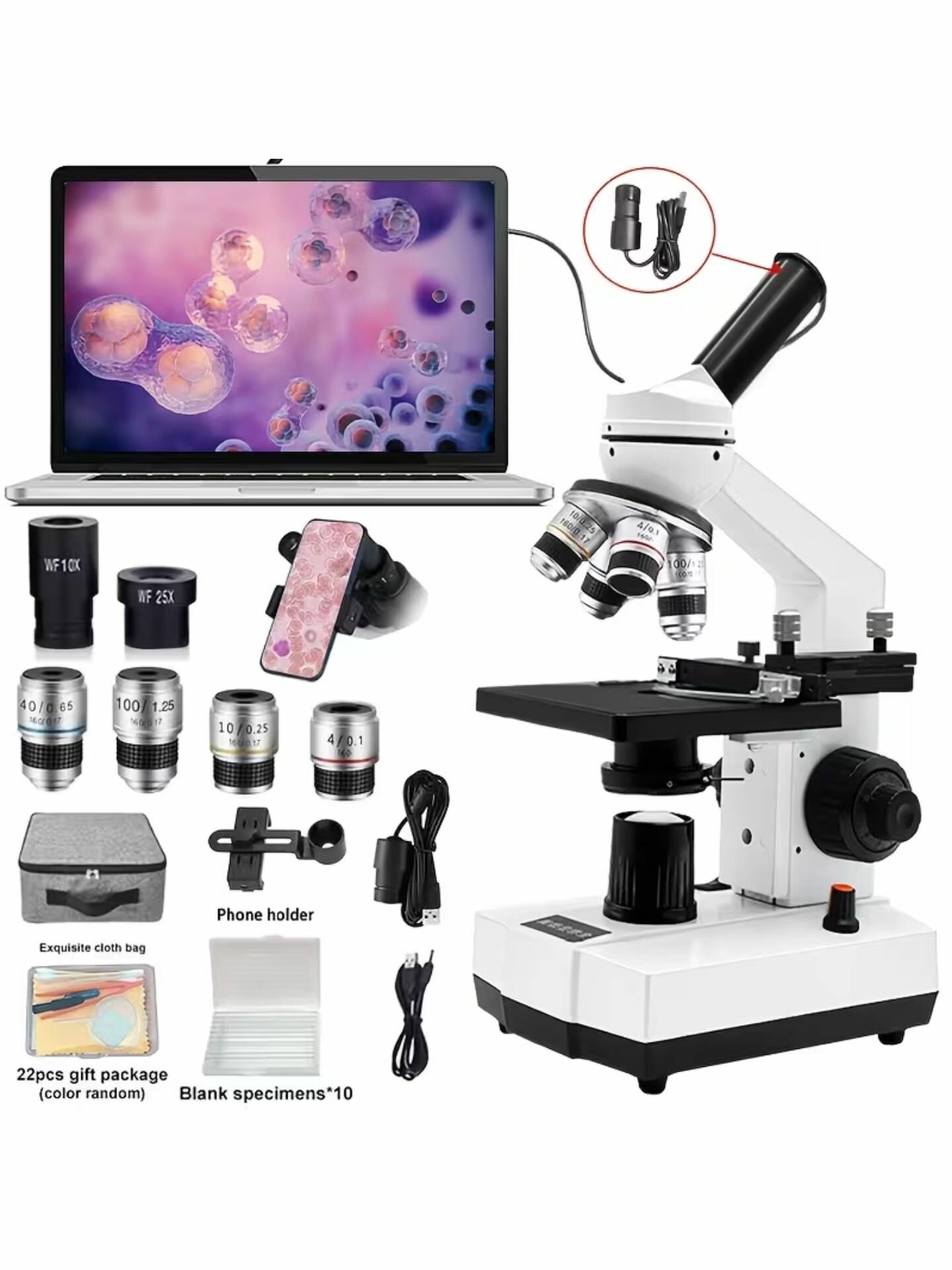 Микроскоп микробиологический универсальный лазерный 3000х с цифровым экраном для исследований + набор инструментов