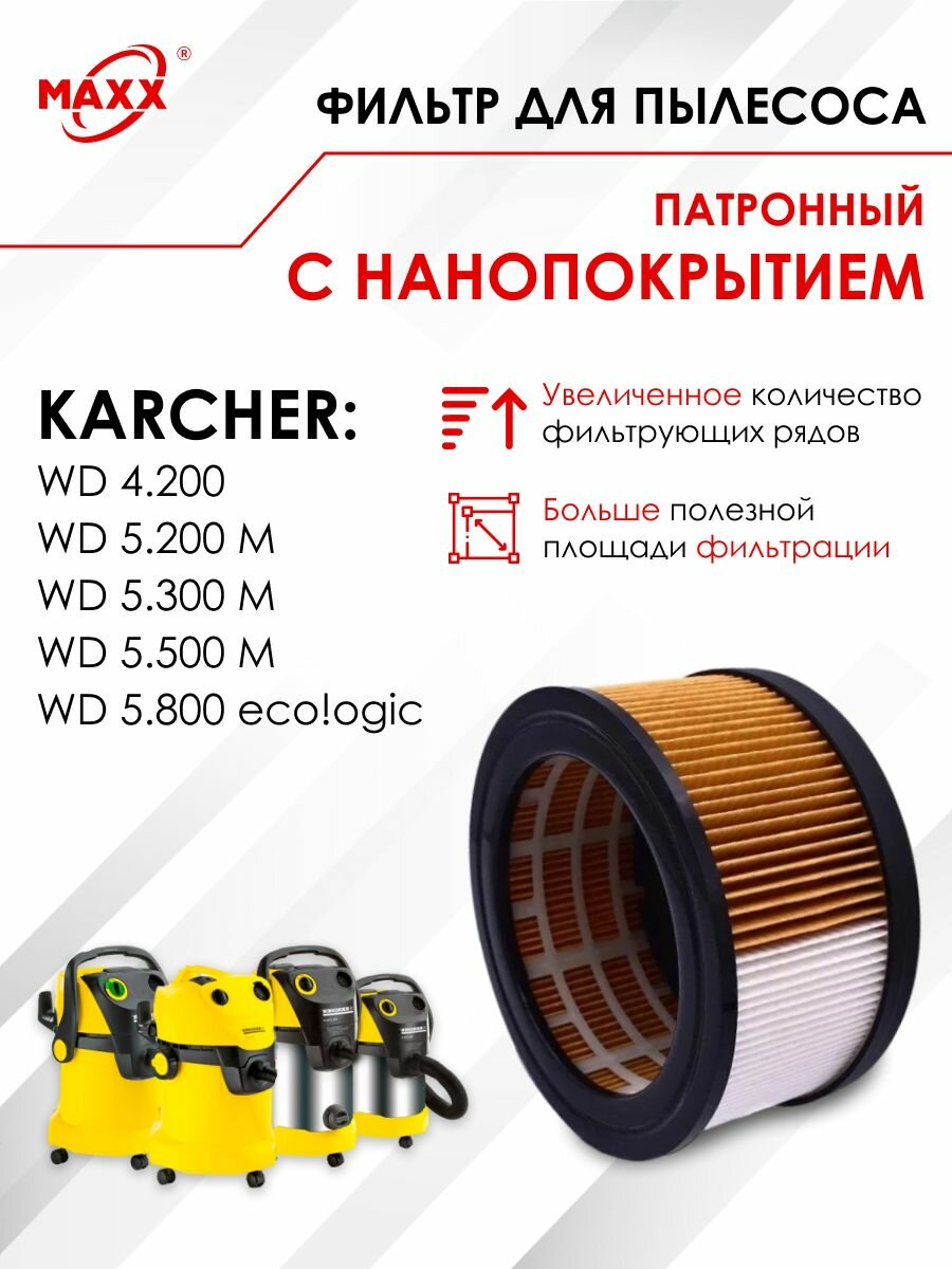Фильтр для пылесоса патронный Karcher WD 4.200 5.200 M 5.300 M 5.500 M 5.800 eco! ogic