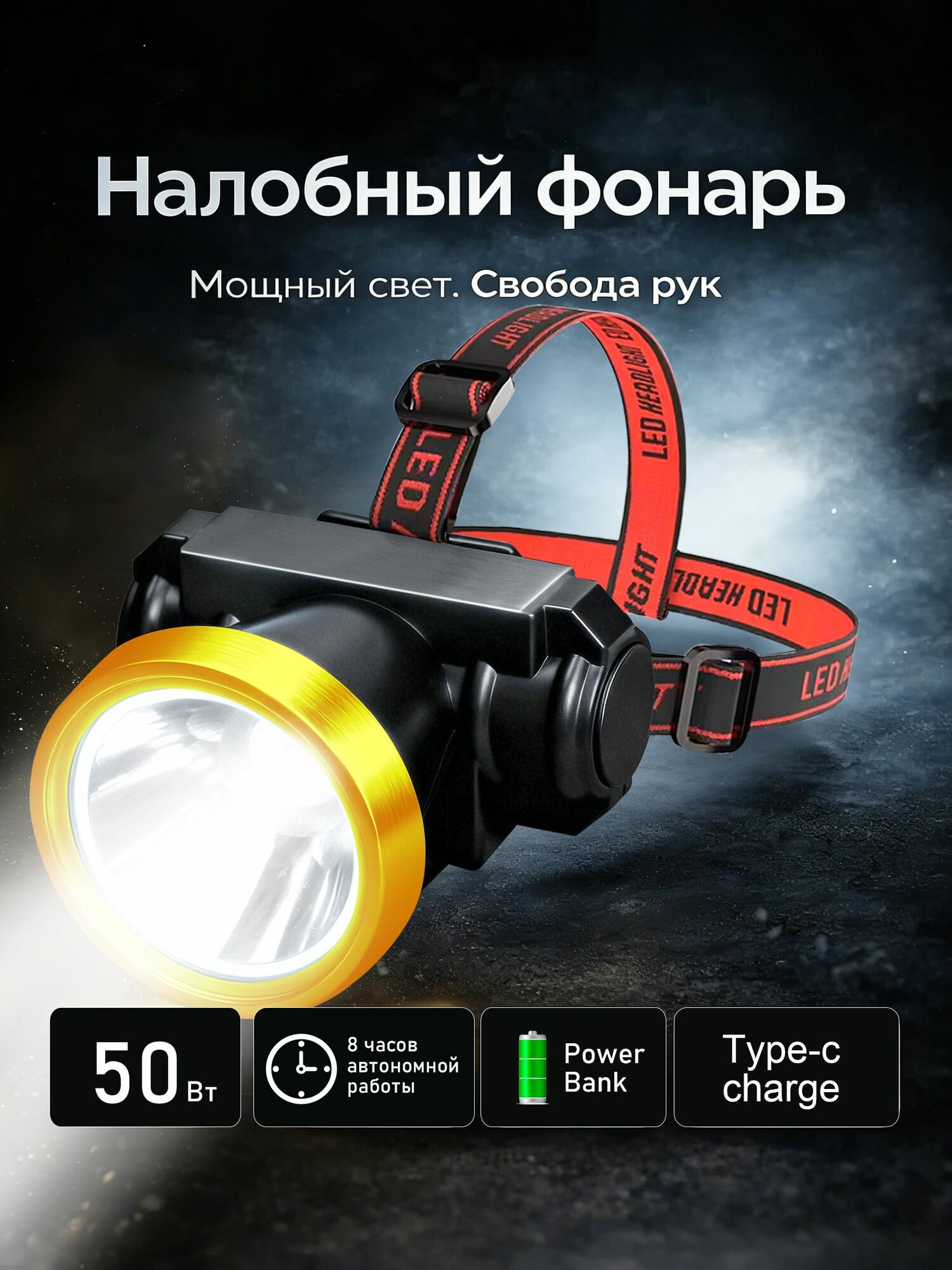 Налобный фонарь LED Аккумуляторный 1000 Люмен, USB Зарядка, Яркий Регулируемый Свет, Водонепроницаемый IPX4, Легкий и Удобный для Кемпинга, Рыбалки