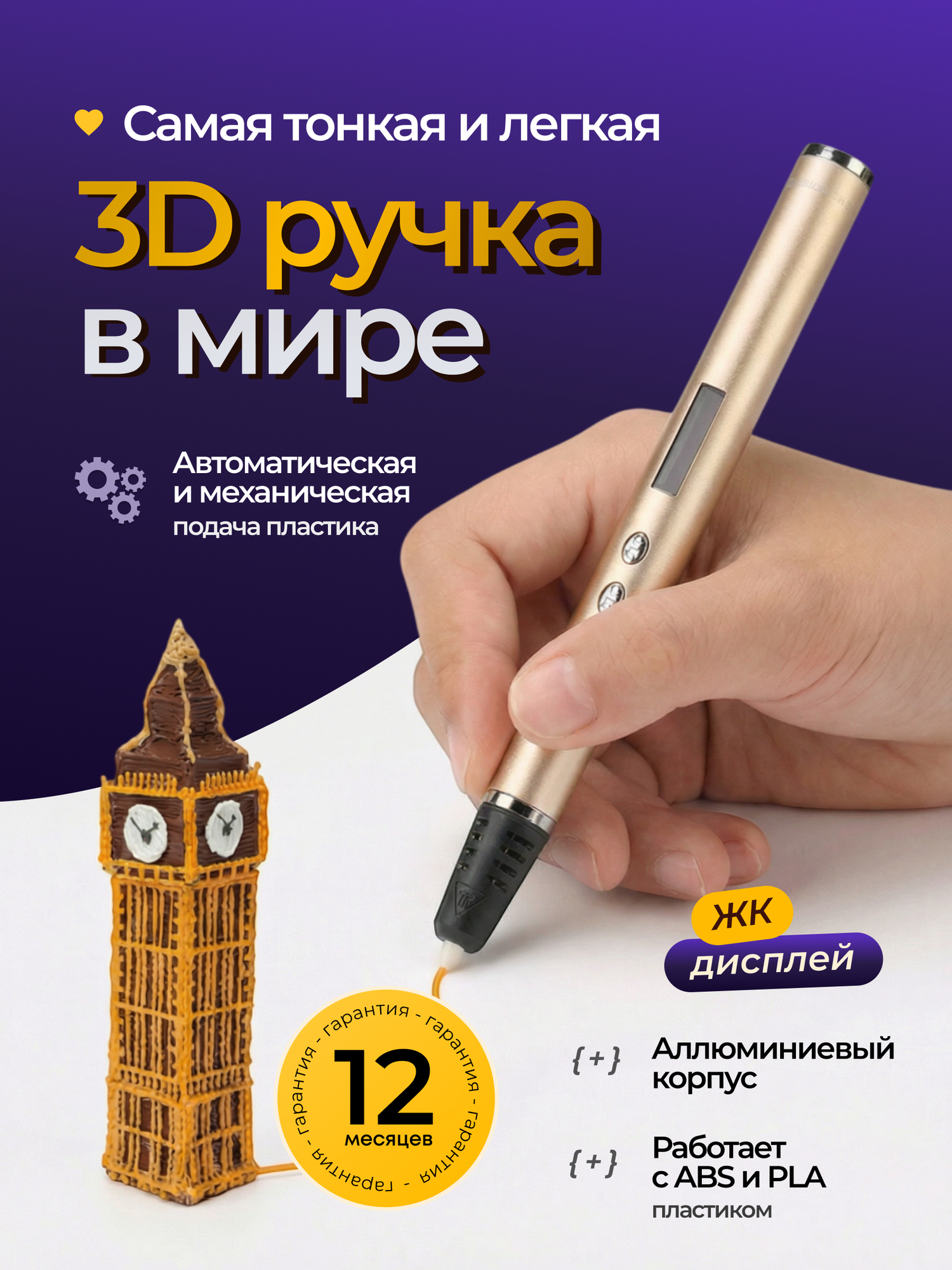3Д ручки Myriwell 3D-ручка ультратонкая RP900A последнего поколения (Золотистый)