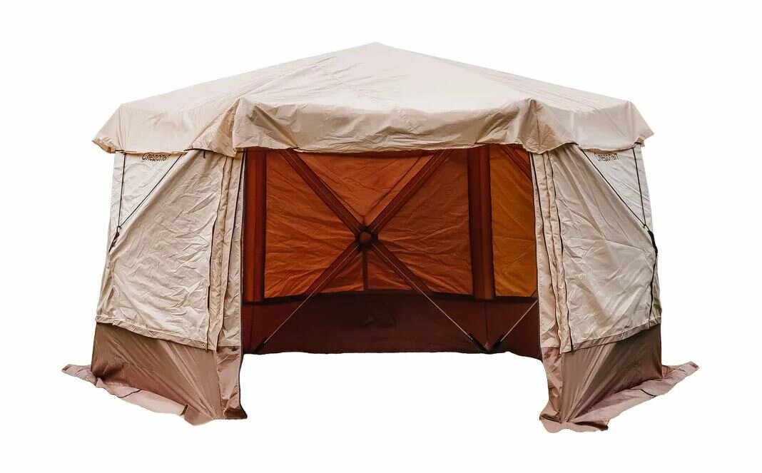 Шатер следопыт быстросборный, 6 стен, 3,35х3,85 м, h-2,25 м, S по полу 9,3 кв. м, цв. SANDSTORM, PF-TOR-K11