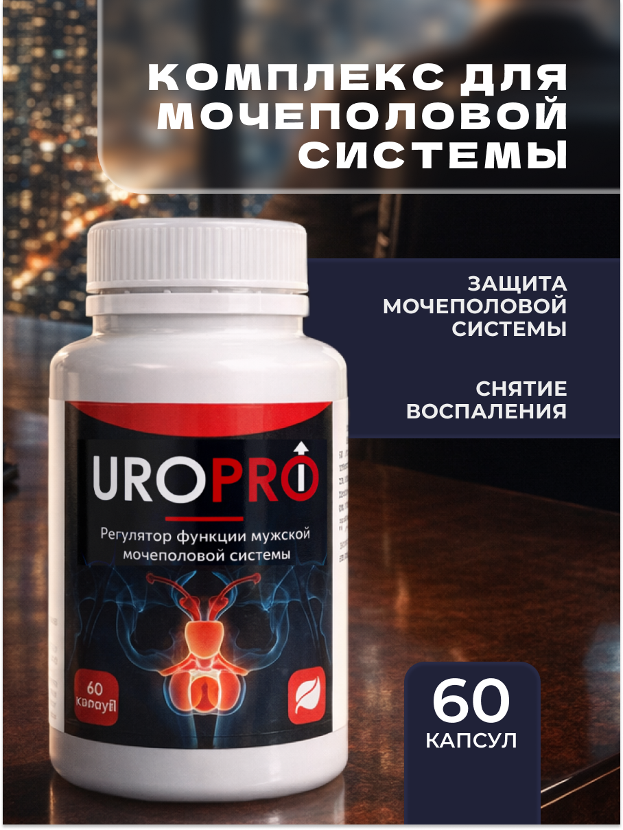 Пищевая добавка на растительной основе UroPro, активные ингридиенты, натуральный состав, 60 капсул