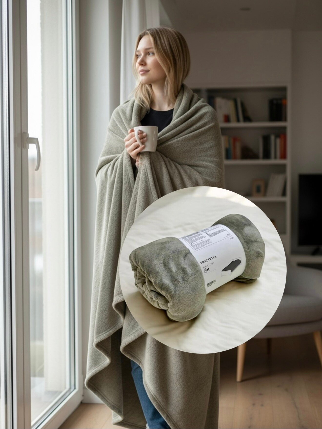 Плед TRATTVIVA IKEA 230x250 покрывало на двуспальную кровать, серо-зеленый, полиэстер, машинная стирка