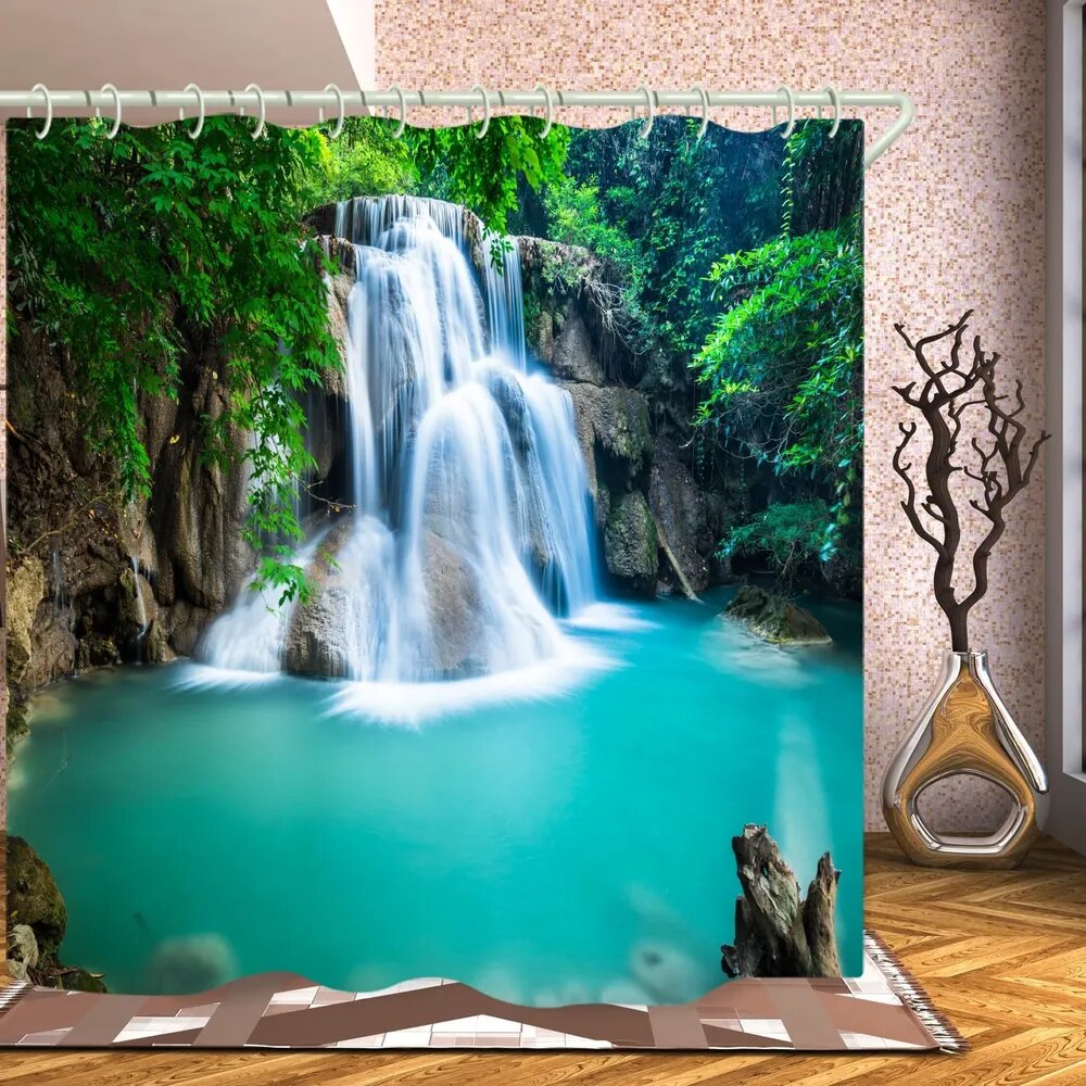 Штора для ванной тканевая с изображением водопада 200х180 см, полиэстер