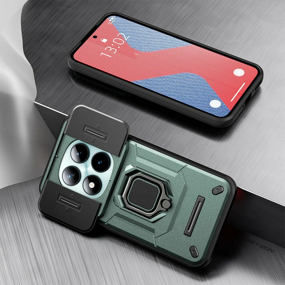 Чехол KEYSION Armor зеленый для POCO M8 5G с кольцом и подставкой