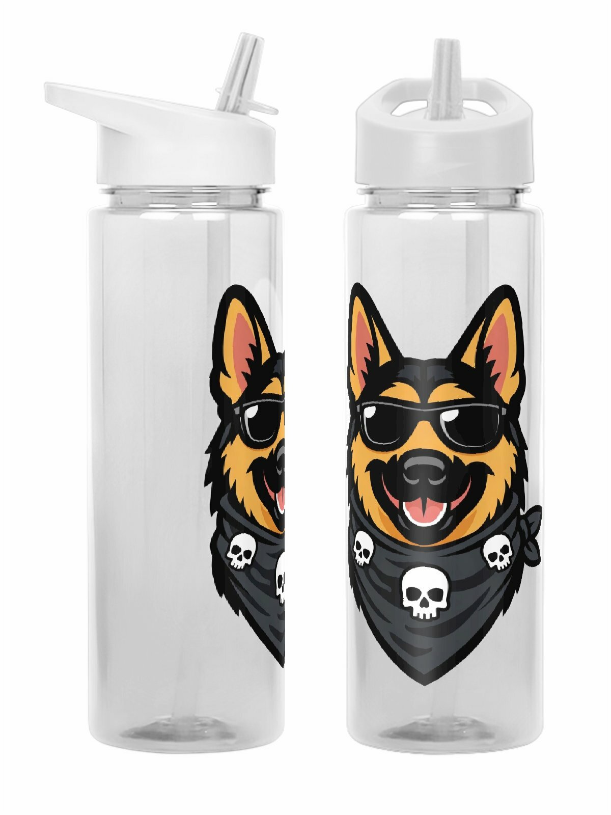 Бутылка белая для воды с принтом Крутая овчарка в очках с бандане с черепами