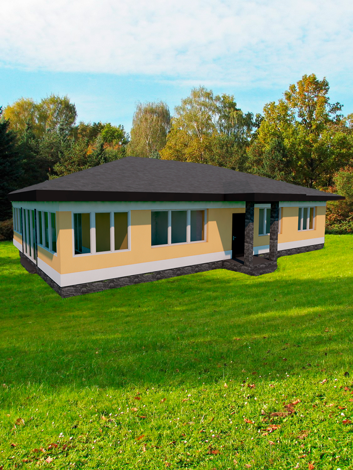 Проект одноэтажного дома из блоков с террасой, ямой и четырьмя комнатами 16,79х10,74