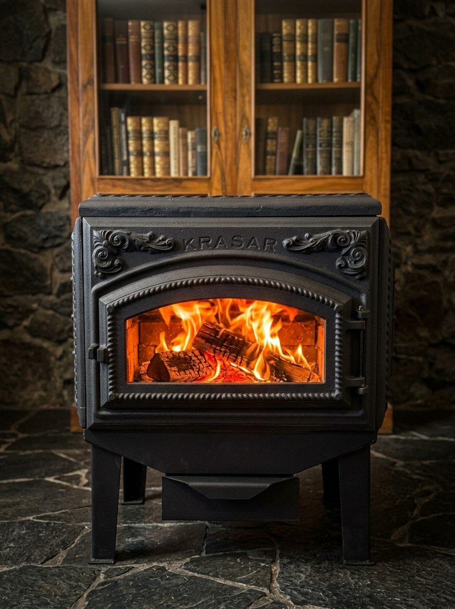 Печь-камин чугунная, с задним подключением, дверца со стеклом , мощность 8 кВт