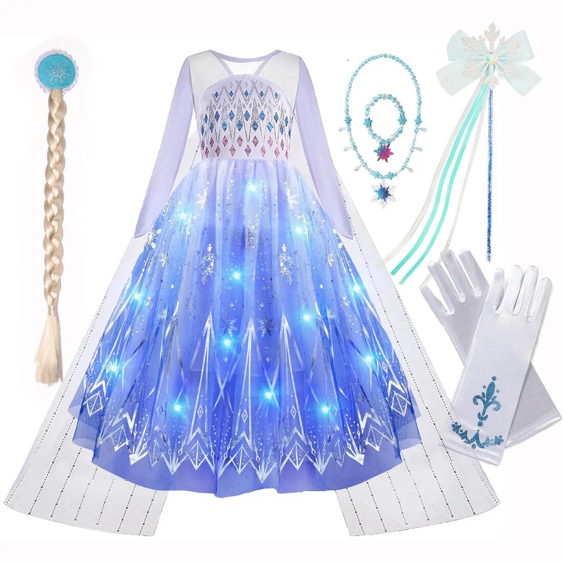 Карнавал Диснея на Хэллоуин, классическая одежда принцессы «Холодное сердце» для маленьких девочек, фантазийное белое платье для косплея, платье Эльзы со светодиодной полосой