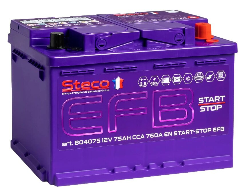 Аккумулятор автомобильный Steco EFB 75 А/ч 760 А обр. пол. Евро авто (278x175x190) 804075