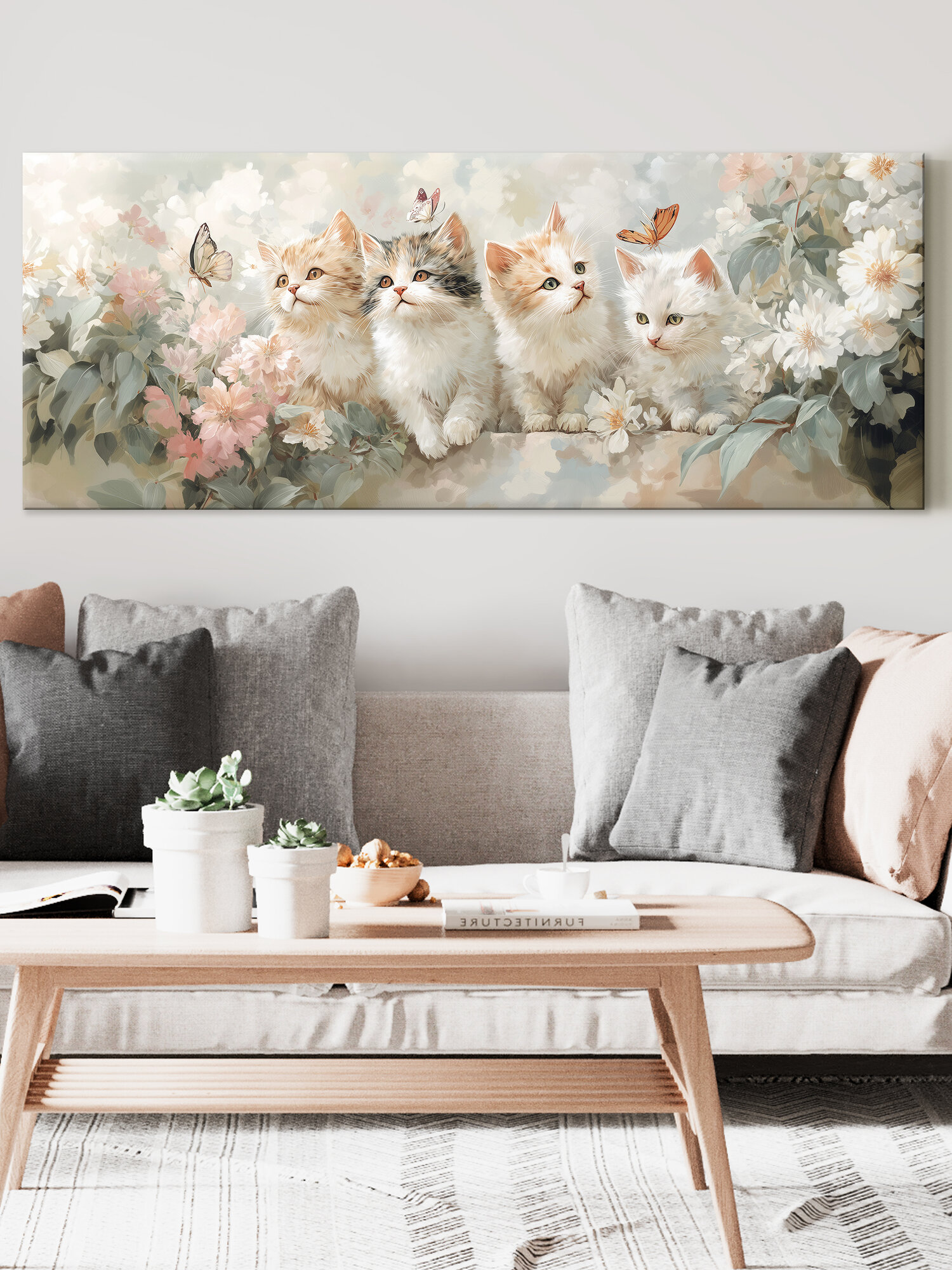 Картина Postermarket "Котята и бабочки" на холсте с подрамником 45 х 115 см