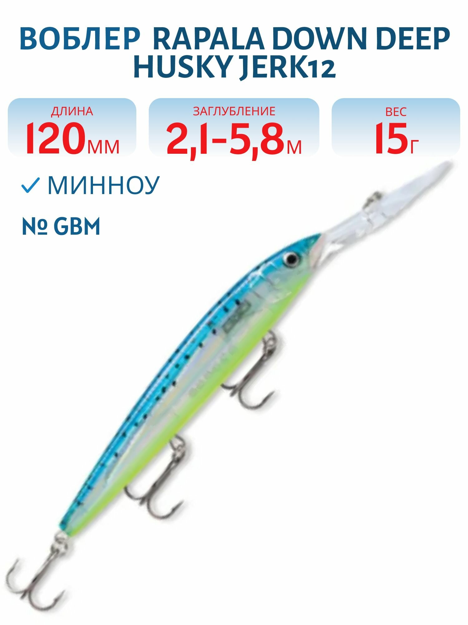 Воблер Rapala Down Deep Husky Jerk 12, 120 мм, 15 гр, цвет GBM