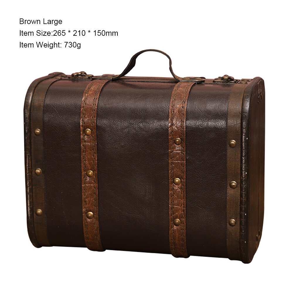 Сундук из дерева с кожаным покрытием в стиле винтаж, антикварный ящик для хранения, декоративная багаж, фотопроп, декор для дома, размеры: коричневый маленький, коричневый большой (265*210*150мм), 1шт