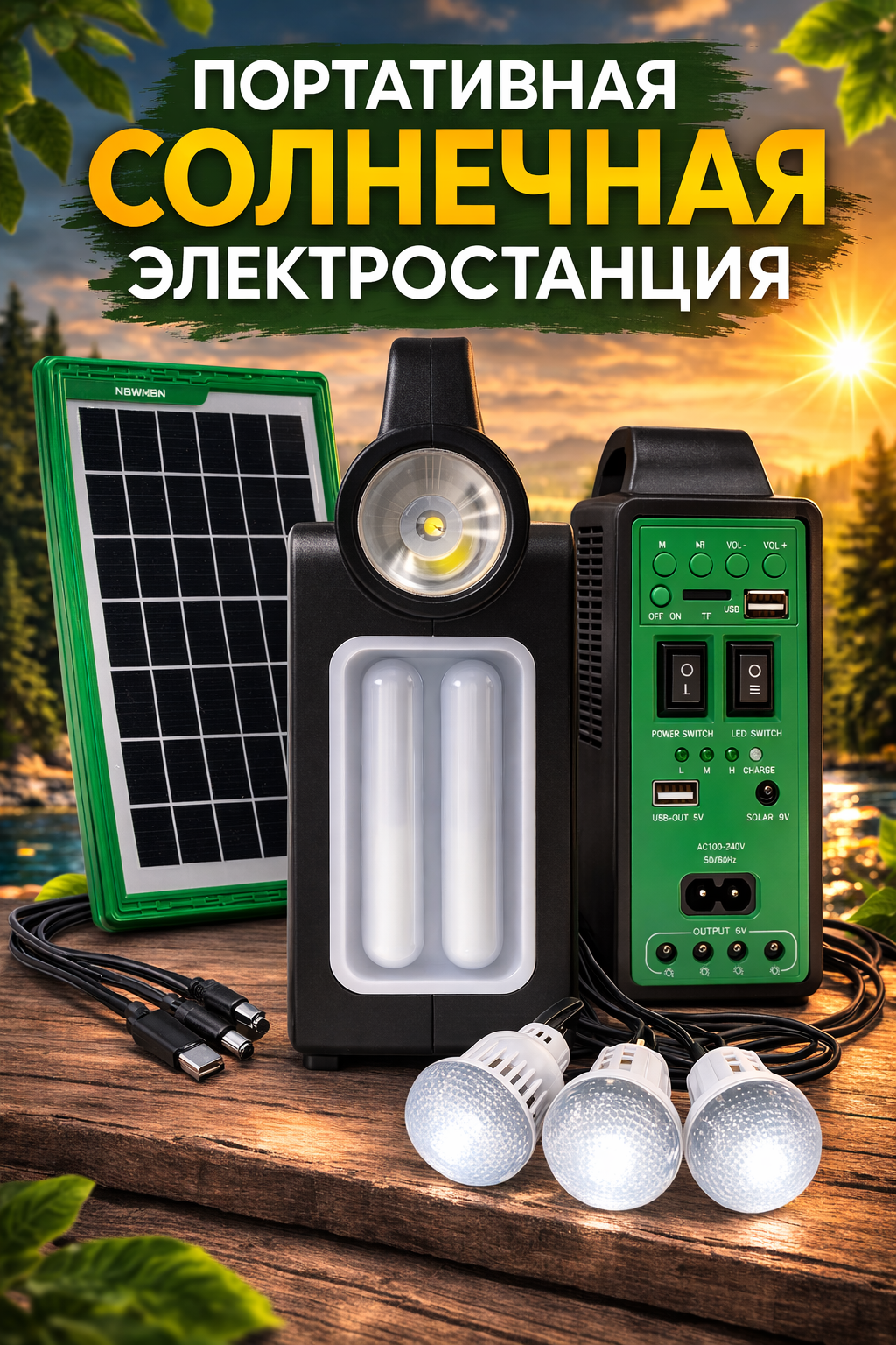 Портативная солнечная электростанция c USB и Bluetooth