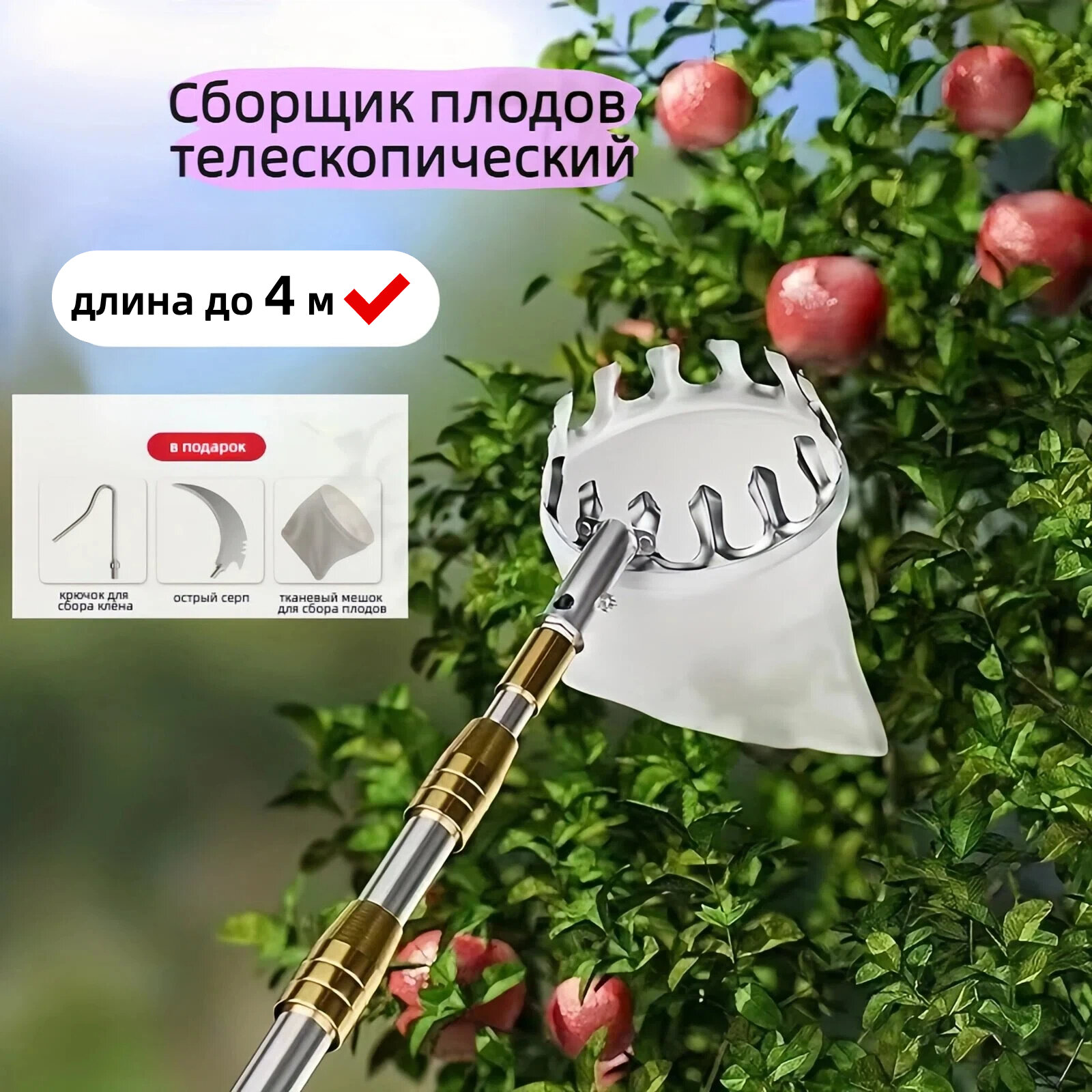 Телескопический сборщик плодов из нержавеющей стали для сбора яблок, фиников, манго и мушмулы с сумкой