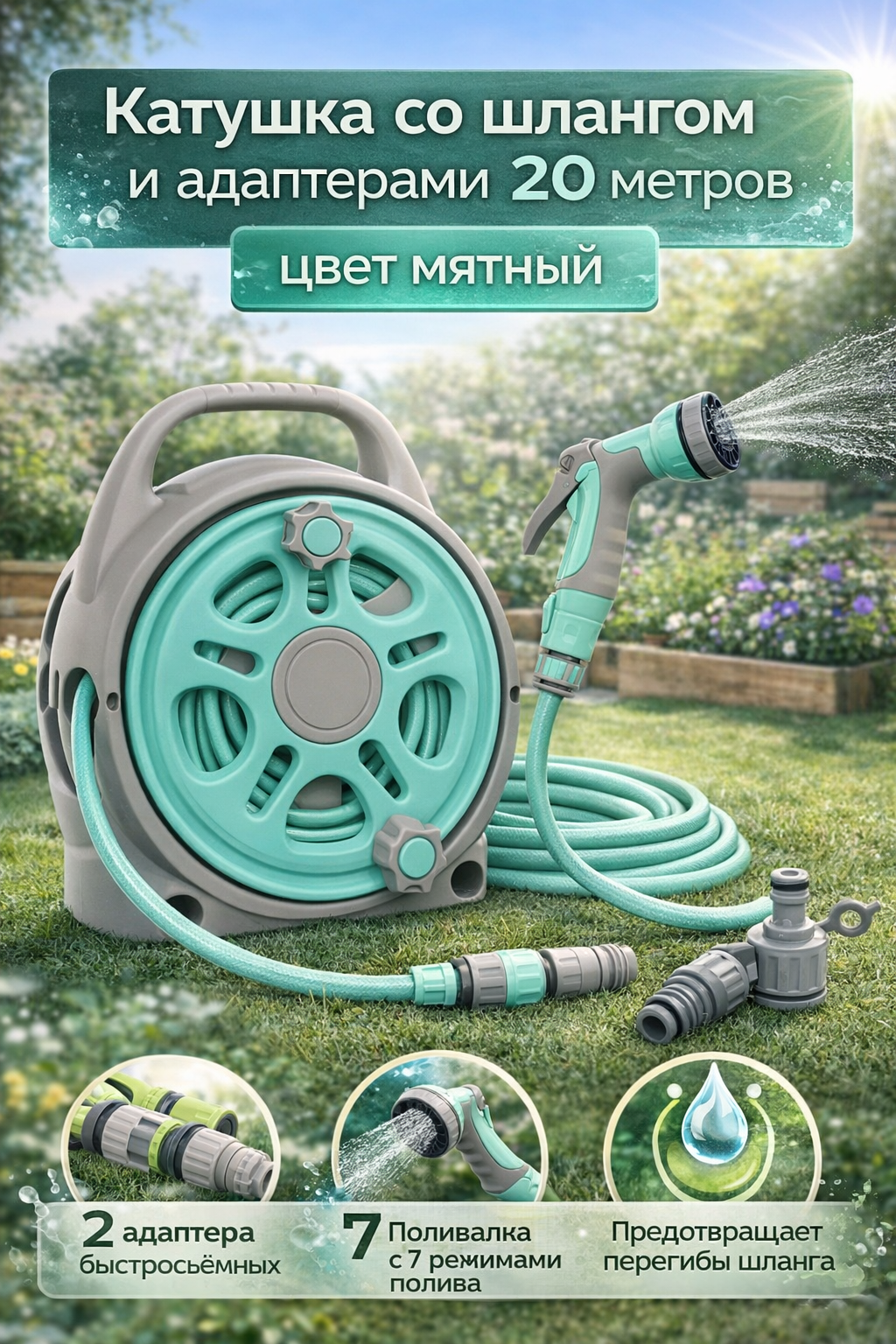 Катушка со шлангом и адаптерами 20 метров, цвет мятный. серый