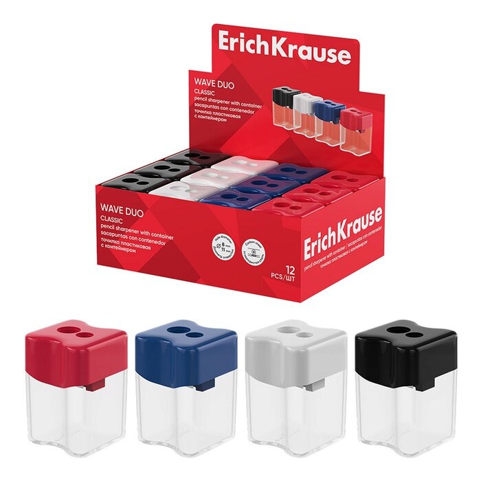 Точилка ErichKrause Wave Duo Classic, с контейнером, микс