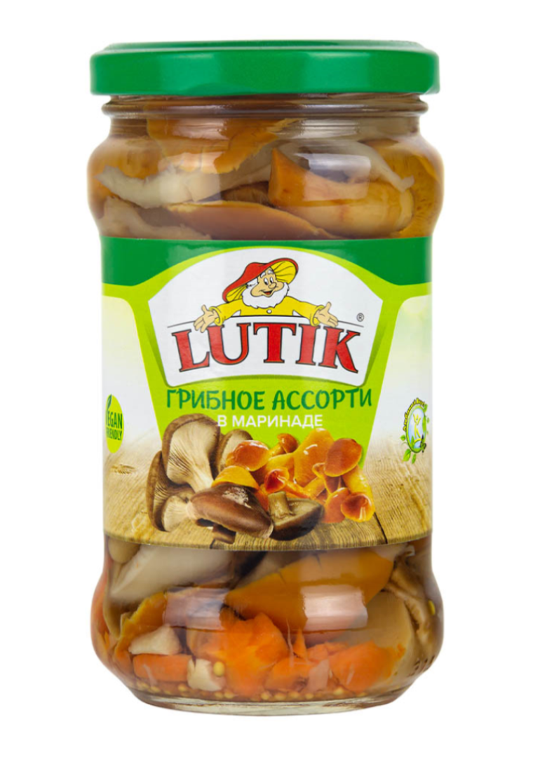 Грибное ассорти Lutik в маринаде, вешенки, грузди, опята, 314 мл