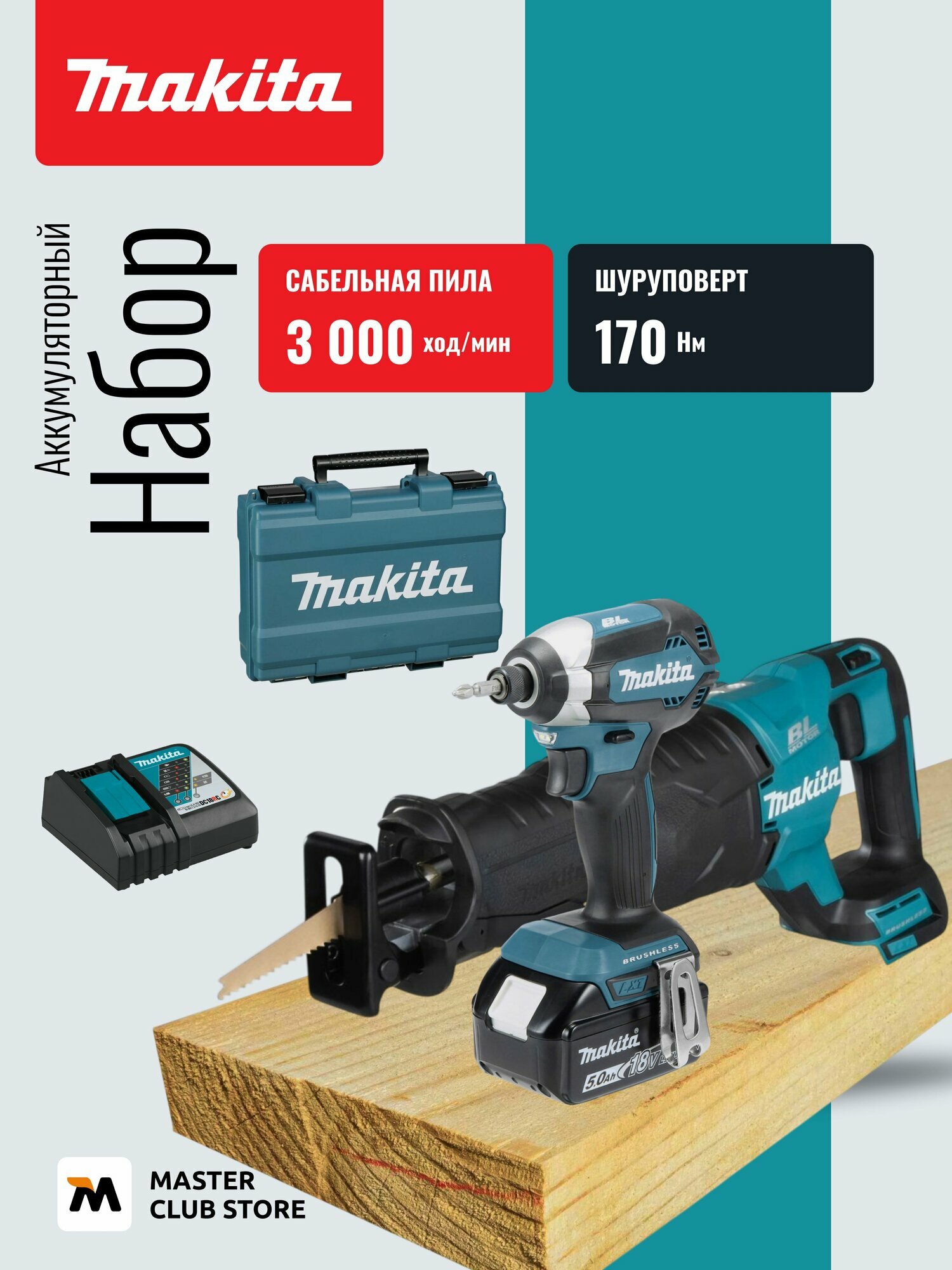 Аккумуляторный набор Makita, 18 В: сабельная пила DJR187 + шуруповерт DTD153, с АКБ 5 Ач и ЗУ, в кейсе