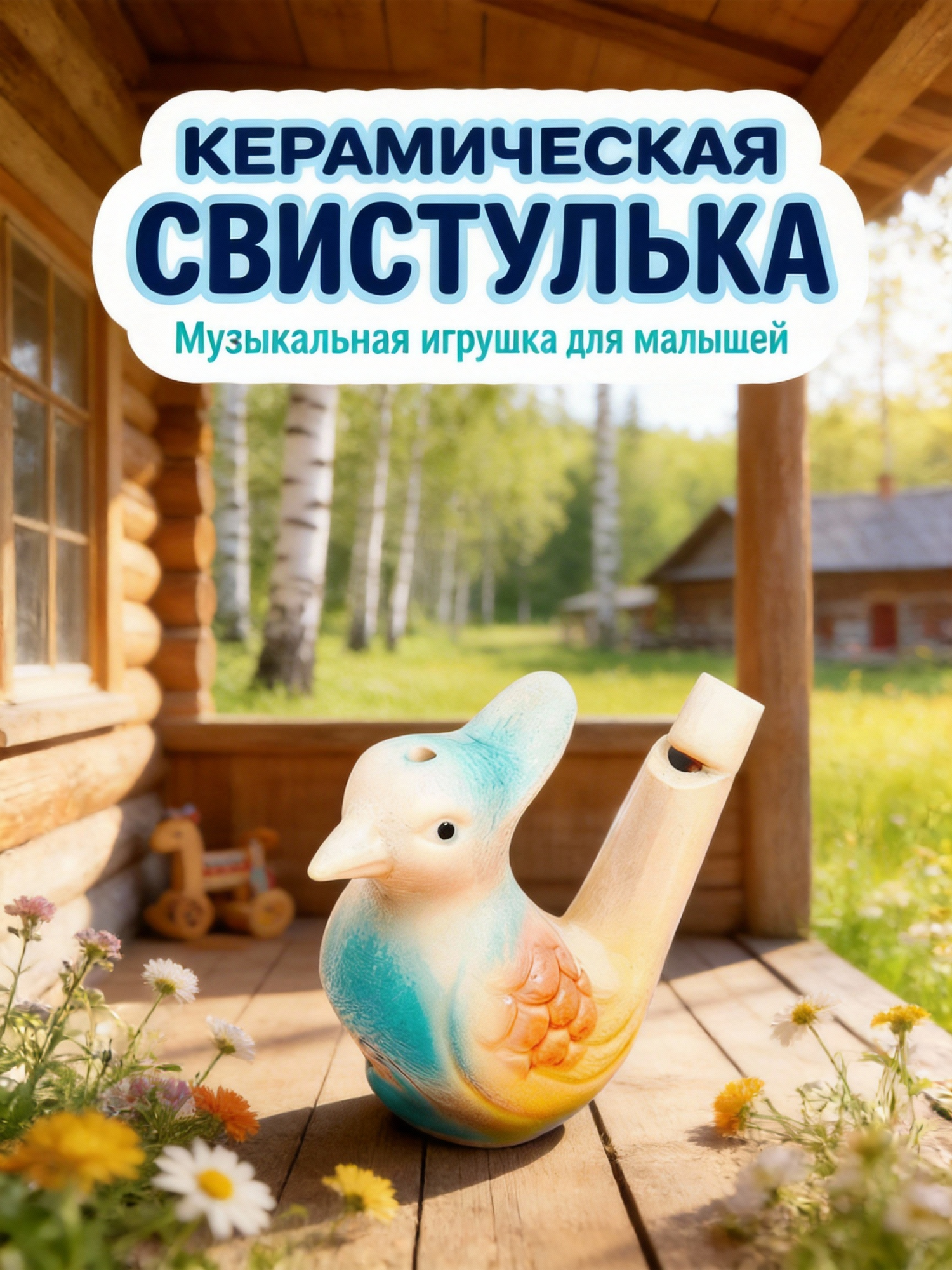 Керамическая свистулька с водой, расписная птичка с хохолком — детская музыкальная развивающая игрушка для малышей