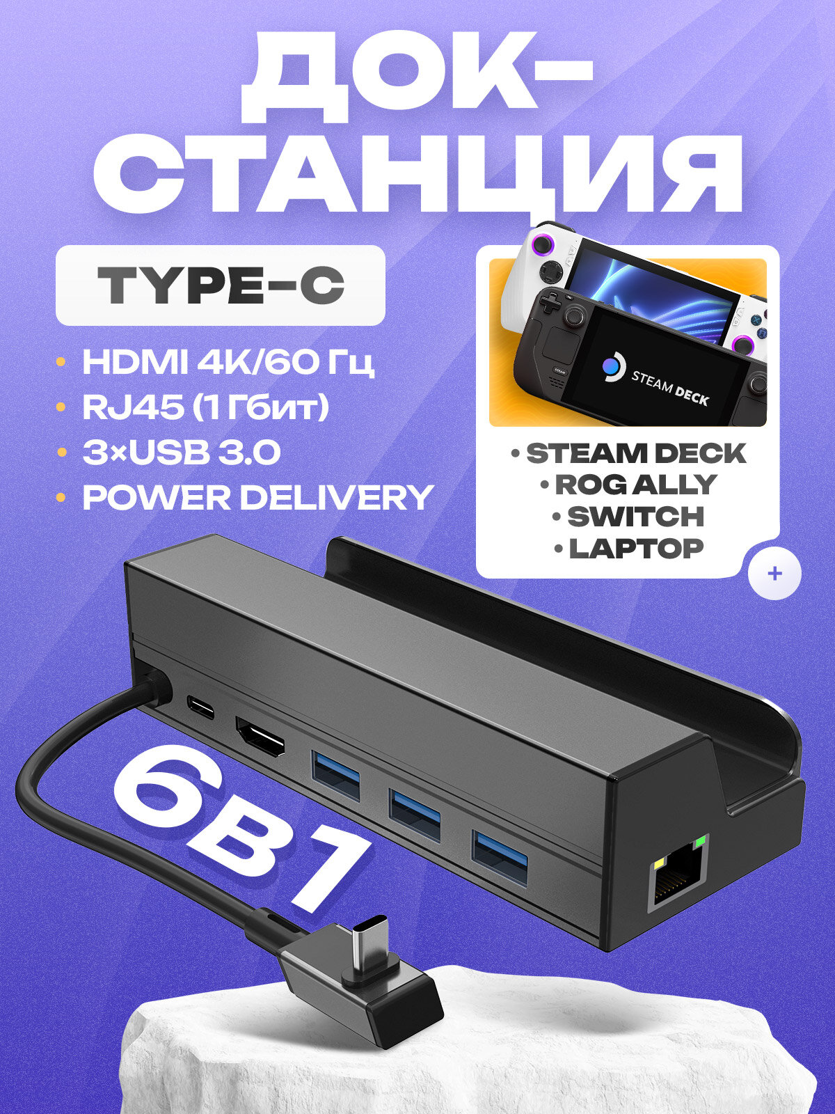Док-станция EliteQuest, для Steam Deck/Rog Ally/Switch/Legion Go, 6 в 1, серая