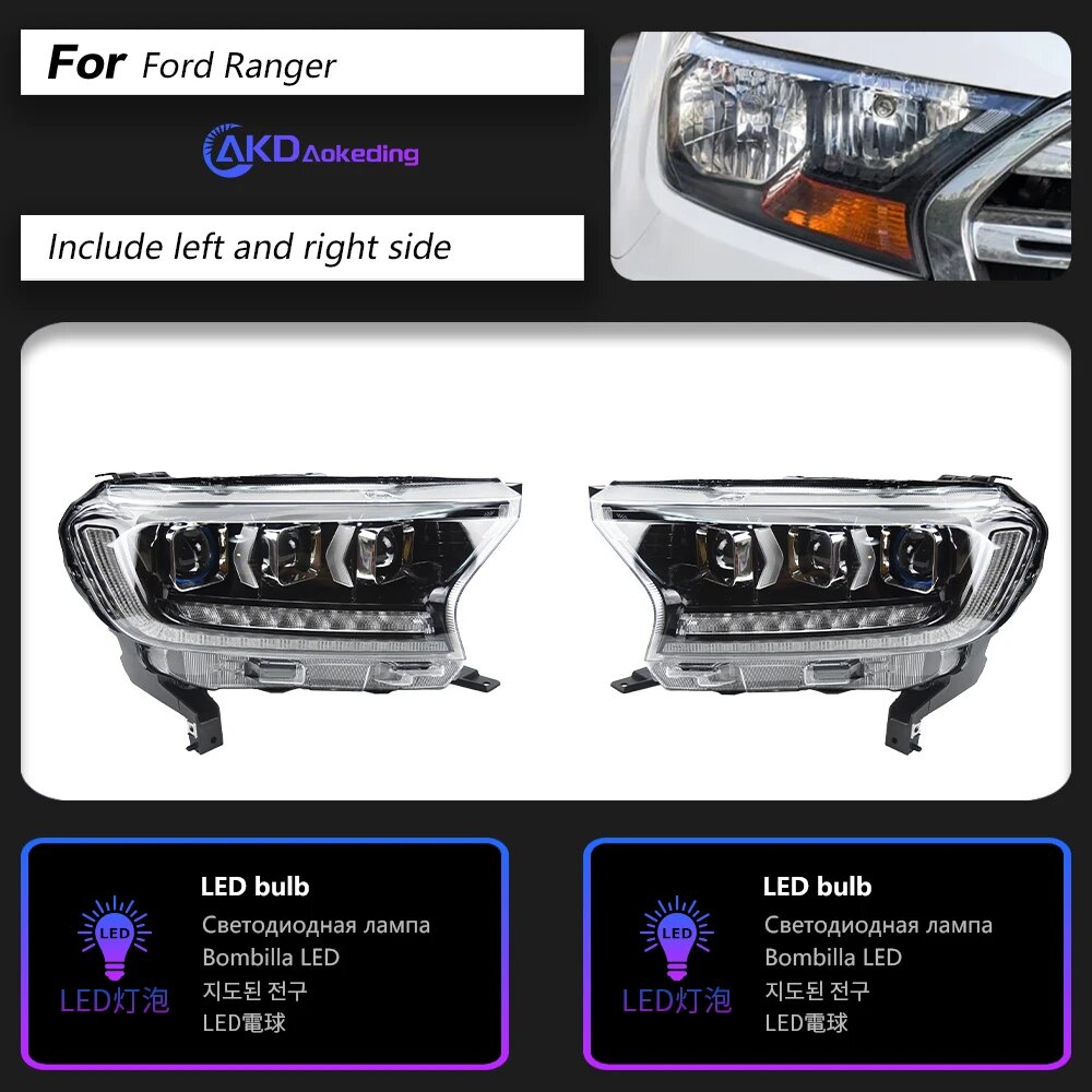 Фар-фара AKD для Ford Ranger LED-фара 2016-2020 Фары Ranger ДНС Сигнал поворота Дальний свет Ангельский глаз Проекторная линза