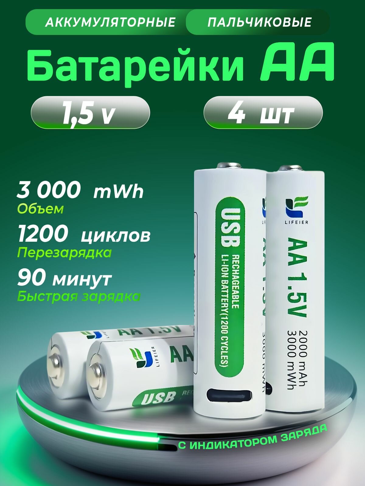Аккумуляторные батарейки АА, 1.5 В, 3000 mWh, 4 шт