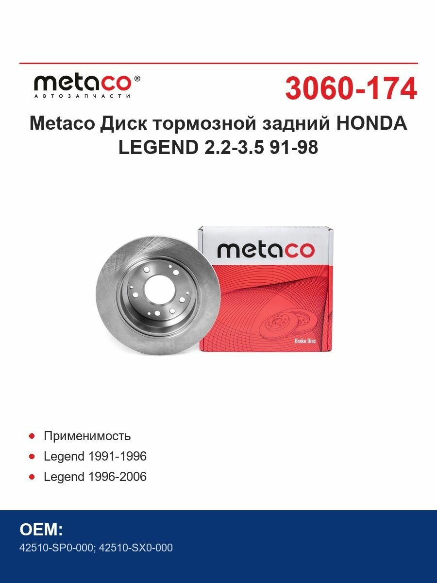 Metaco Диск тормозной задний HONDA LEGEND 2.2-3.5 91-98