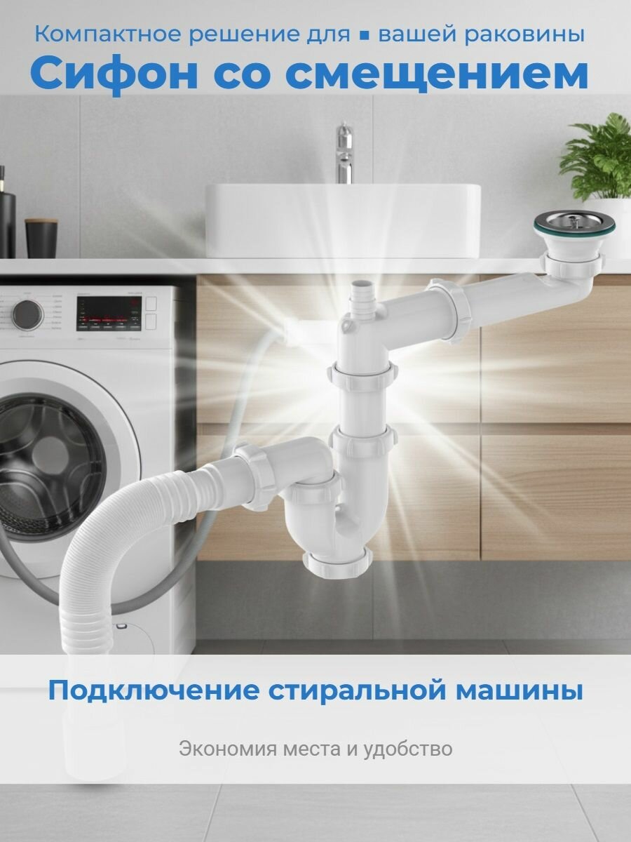 Aquant, Плоский прямоточный Сифон для раковин и умывальников 1 1/2 (50 мм) над стиральной машиной
