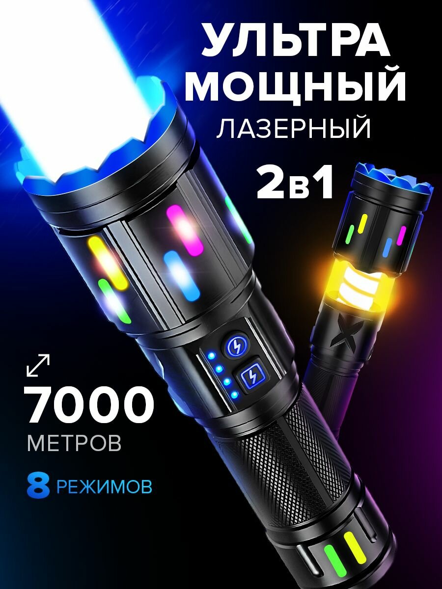 Фонарь ручной аккумуляторный 2в1 сверхмощный светодиодный лазерный с функцией zoom 7000м подарок