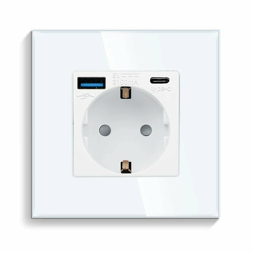 Розетка электрическая с USB/TYPE-C AC, 1 пост 16А, рамка 86х86 стекло, 5 вольт,3.1A