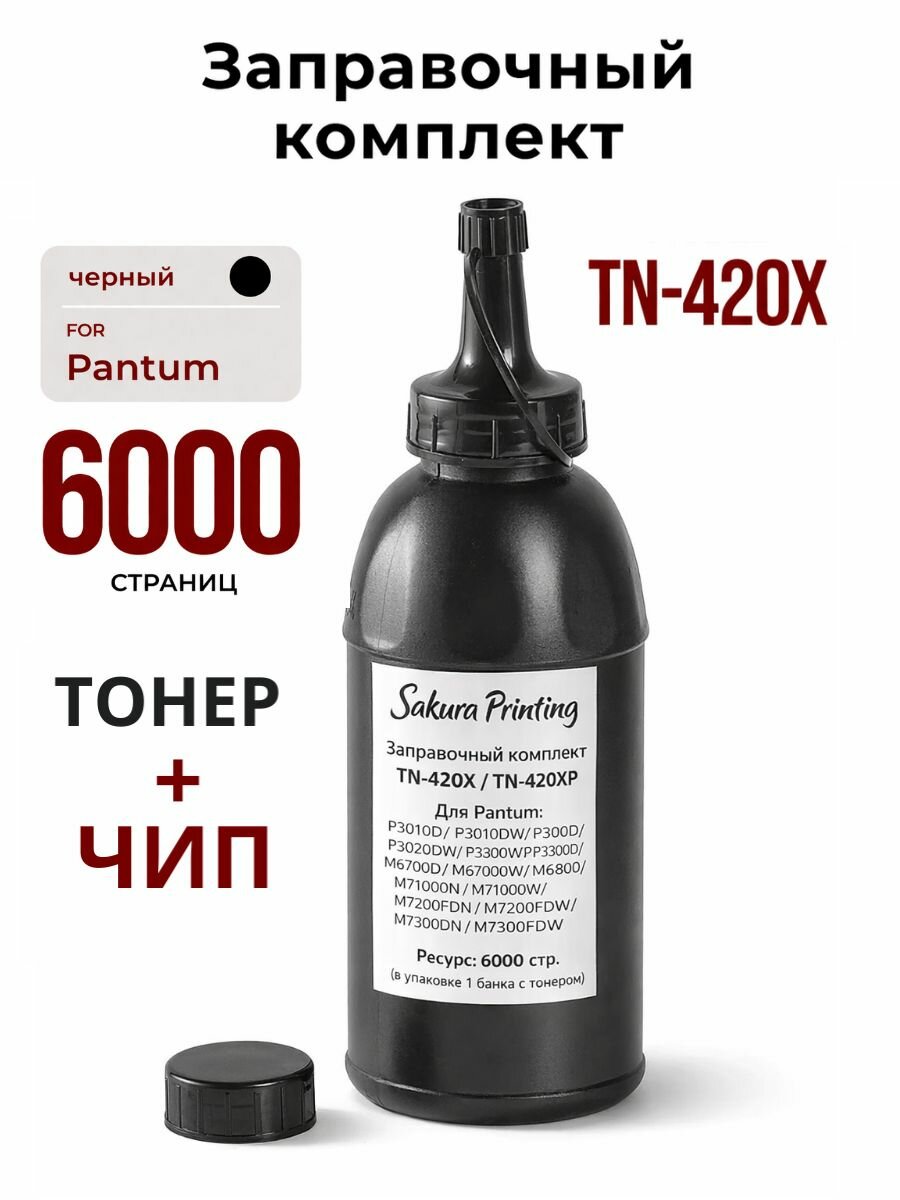 Заправочный комплект TN-420X Black Sakura для Pantum (Пантум), чёрный (ZKTN-420X) тонер + чип