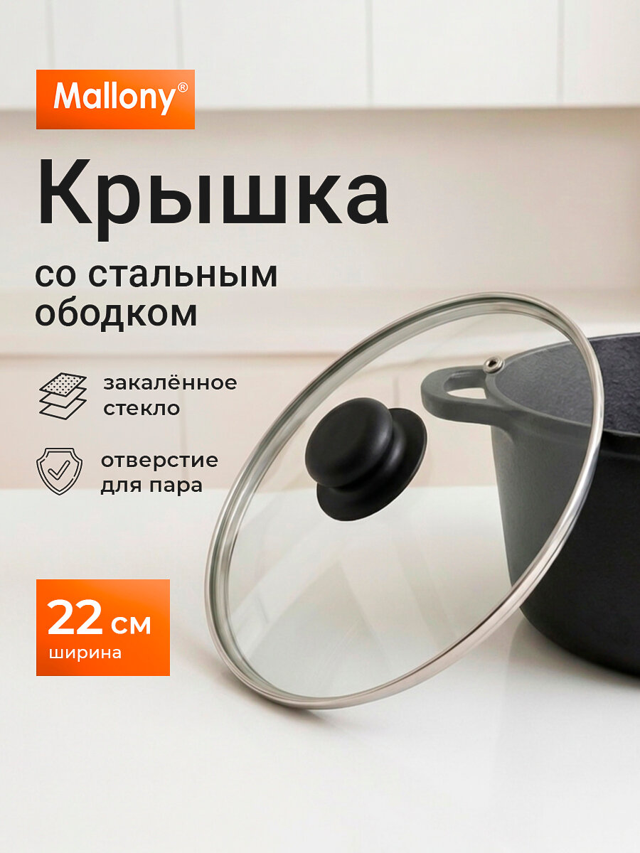 Крышка стеклянная с металлическим ободом и пластиковой ручкой Mallony, 22 см