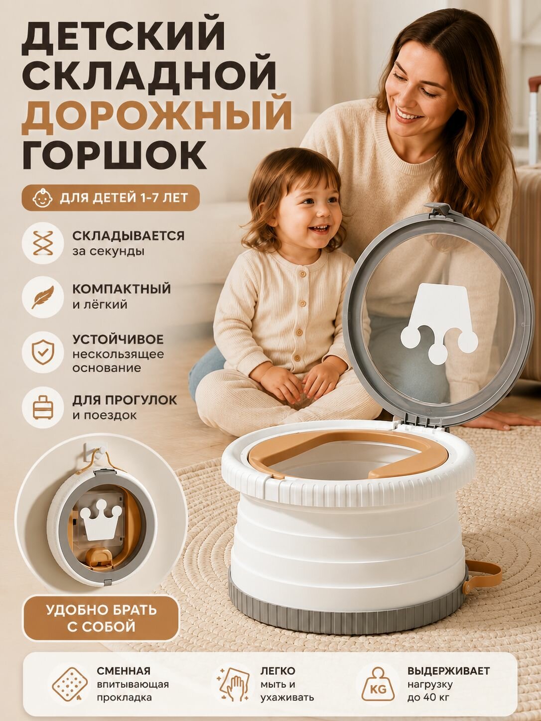 Складной портативный горшок для детей, дорожный туалет с крышкой, одноразовые пакеты в комплекте, для поездок в авто, путешествий, прогулок, цвета бежевый, зеленый, розовый, красно-синий