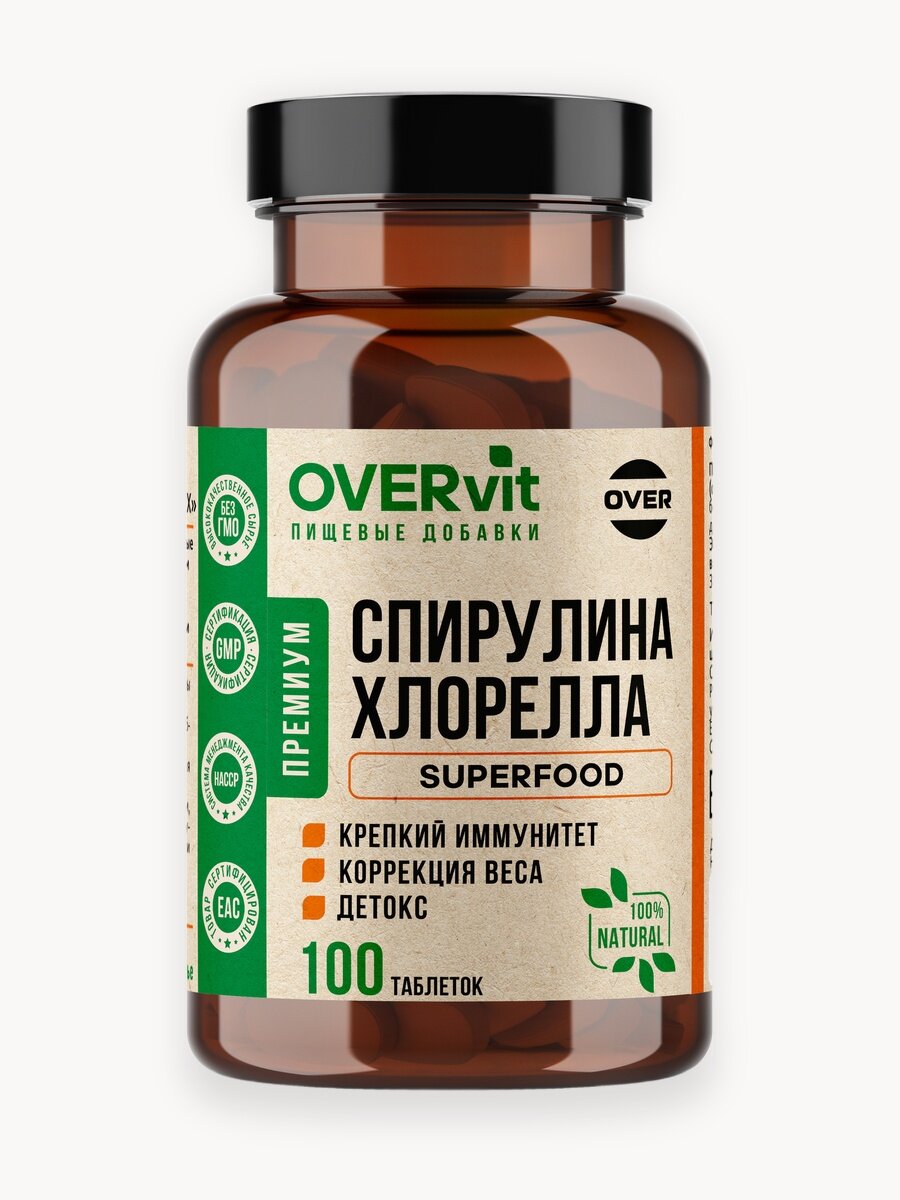 Спирулина + хлорелла, для похудения, детокс, очищение организма, для иммунитета, суперфуд, 100 таблеток