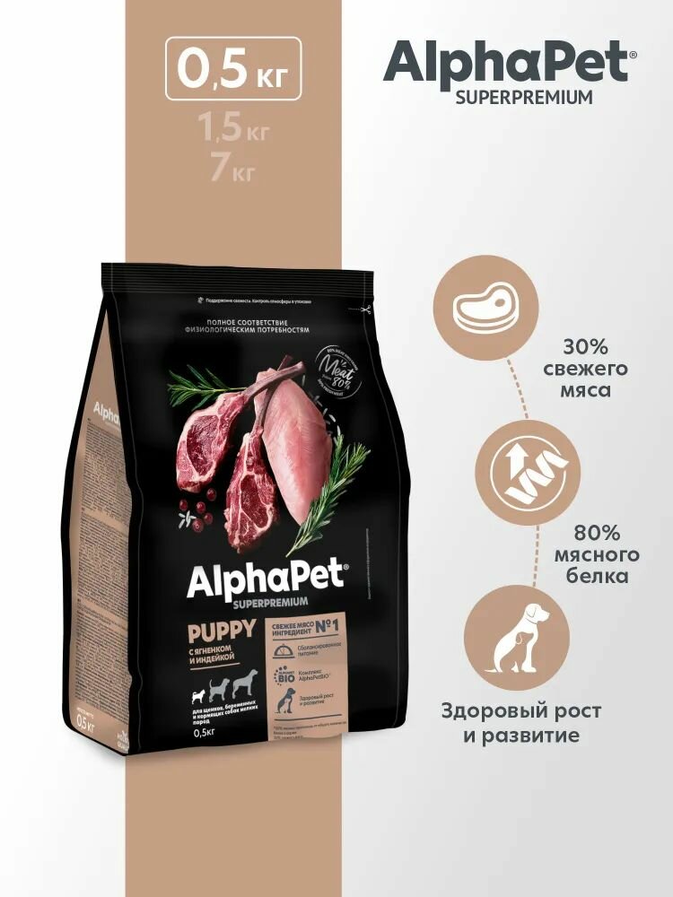 AlphaPet Superpremium сухой корм для щенков, беременных и кормящих собак мелких пород Ягненок Индейка 500г