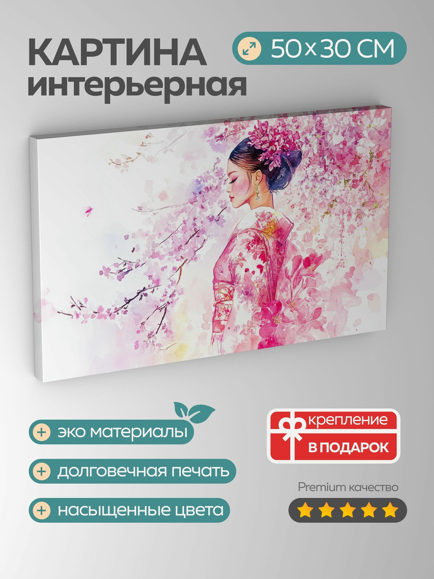 Картина на холсте интерьерная 50х30 см, акварель, модный человек, кутюр, сакура, вишневые деревья, весенний шик