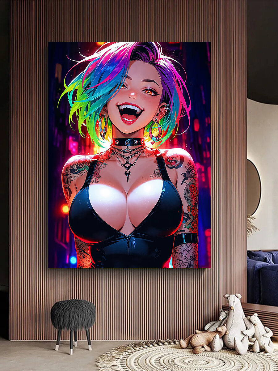 Картина на стену - "Девушка аниме хентай неон" , 50х70 см.
