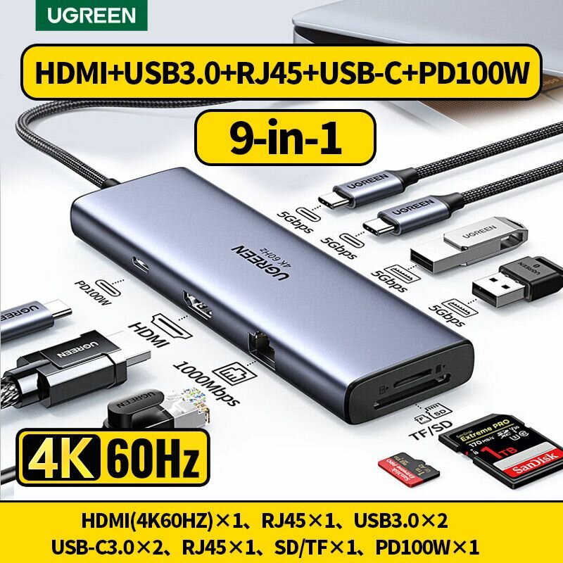 USB-Концентратор UGREEN 9-in-1 (15375), 4K(60HZ) HDMI, RJ45, USB3.0, USB-C 5Gbps, SD, TF, PD 100W Hub