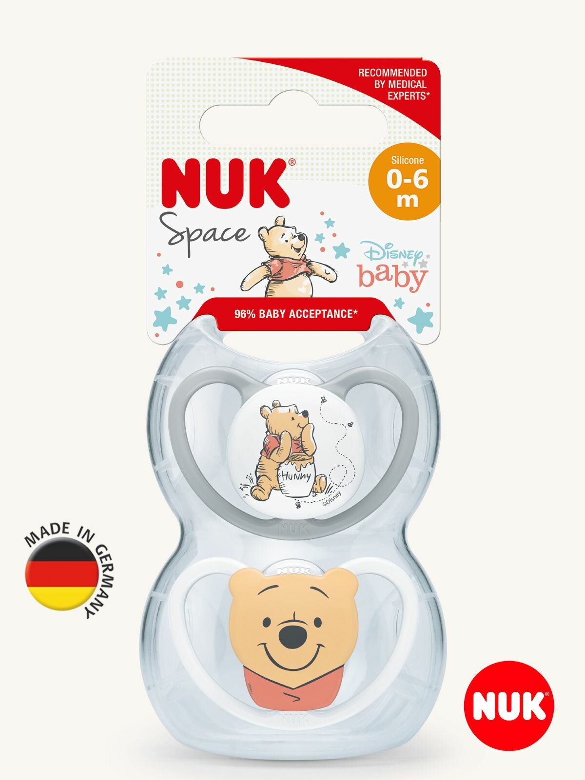 NUK SPACE WINNIE Пустышка из силикона для малышей 0-6 месяцев, 2 шт в контейнере