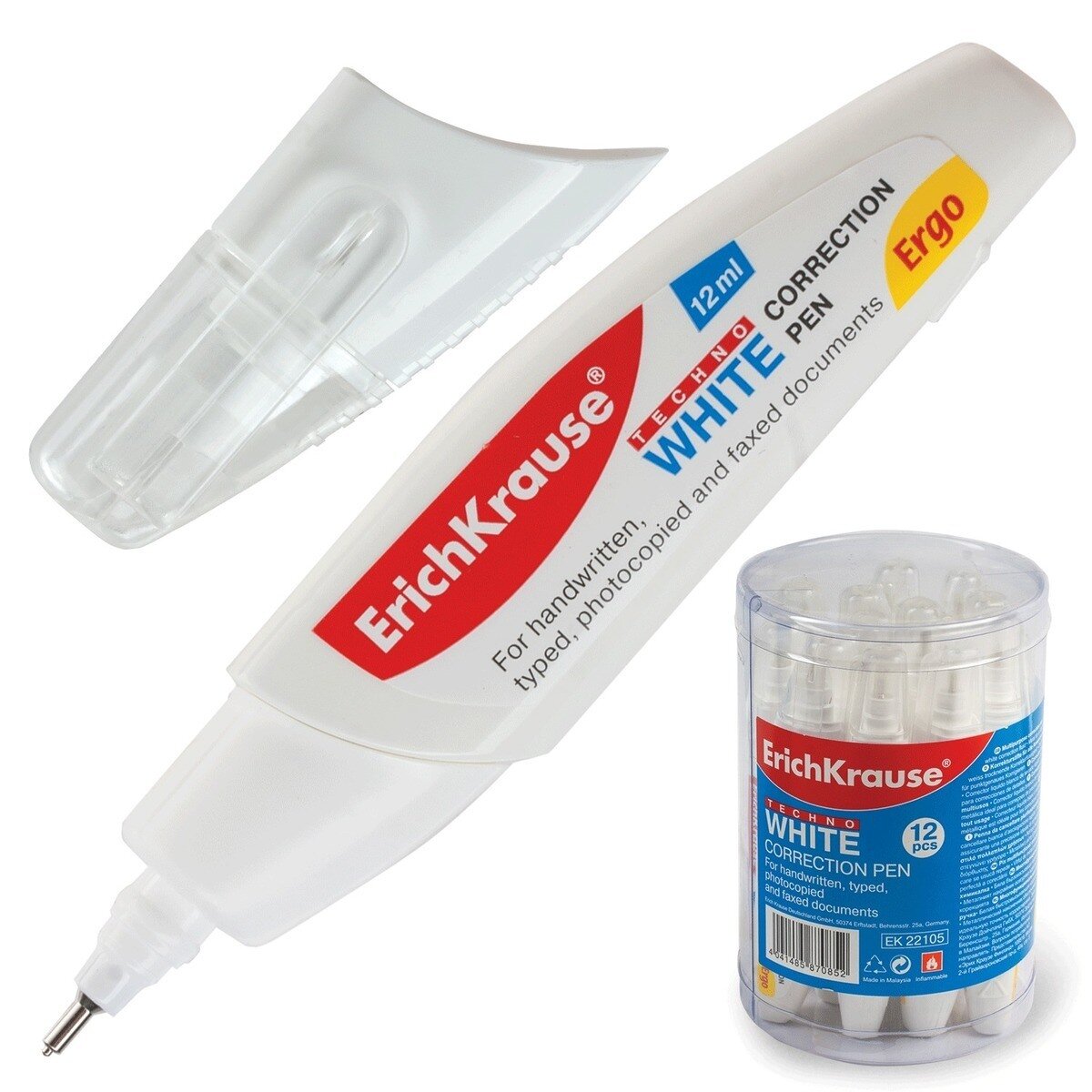 Ручка-корректор Erich Krause "Techno White Ergo", 12 мл, металлический наконечник (22105)
