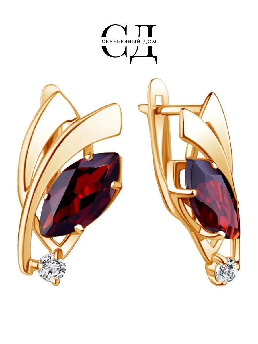Серьги, 925, 585 проба, золочение, фианит, гранат