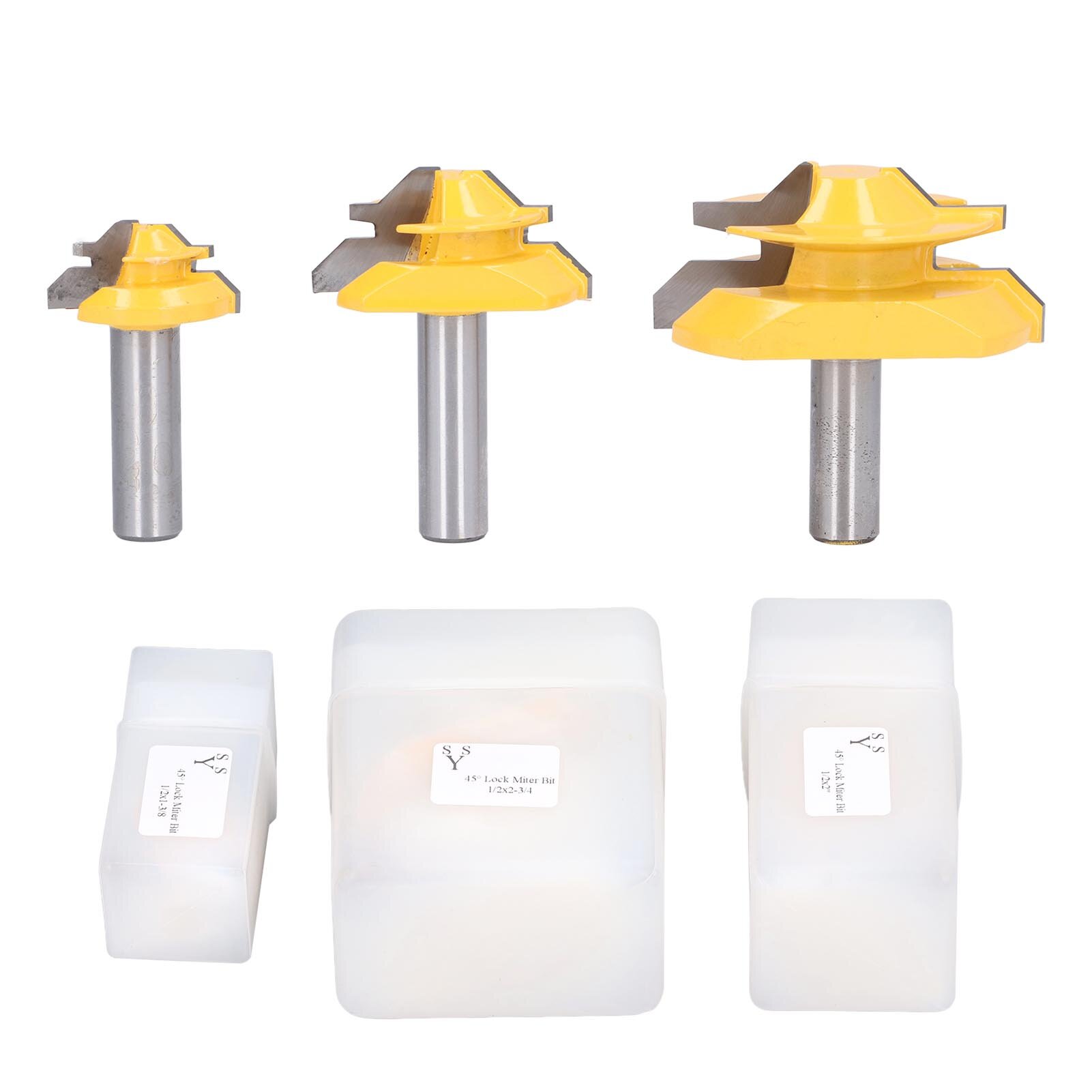 Набор из 3 фрез с хвостовиком 1/2 дюйма, углом 45 градусов, для соединения деталей под клеем и торцовочной резки, для деревообработки.
