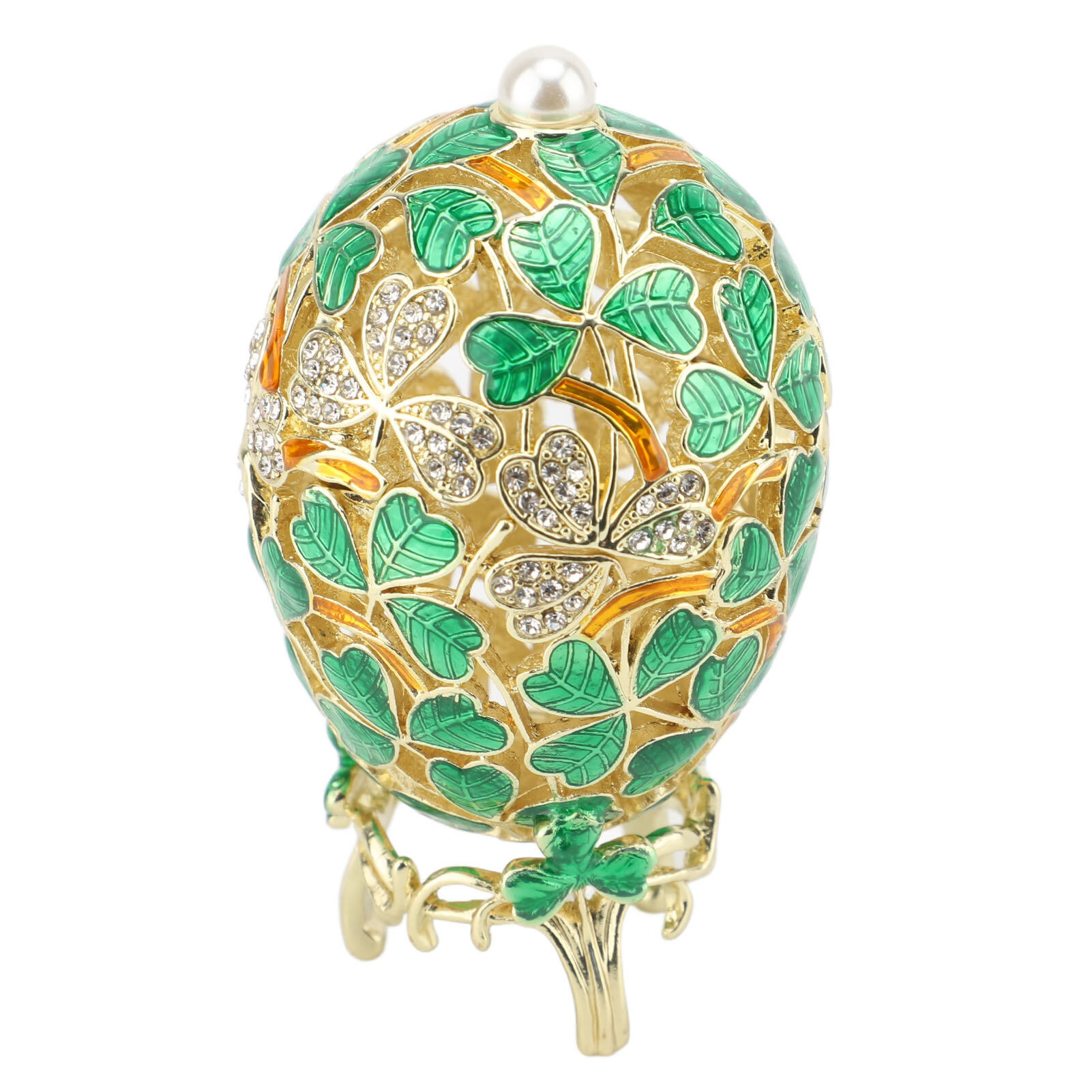 Эмалированная шкатулка в форме яйца с узором клевера, из металлического сплава, украшенная стразами, винтажный органайзер для ювелирных изделий.