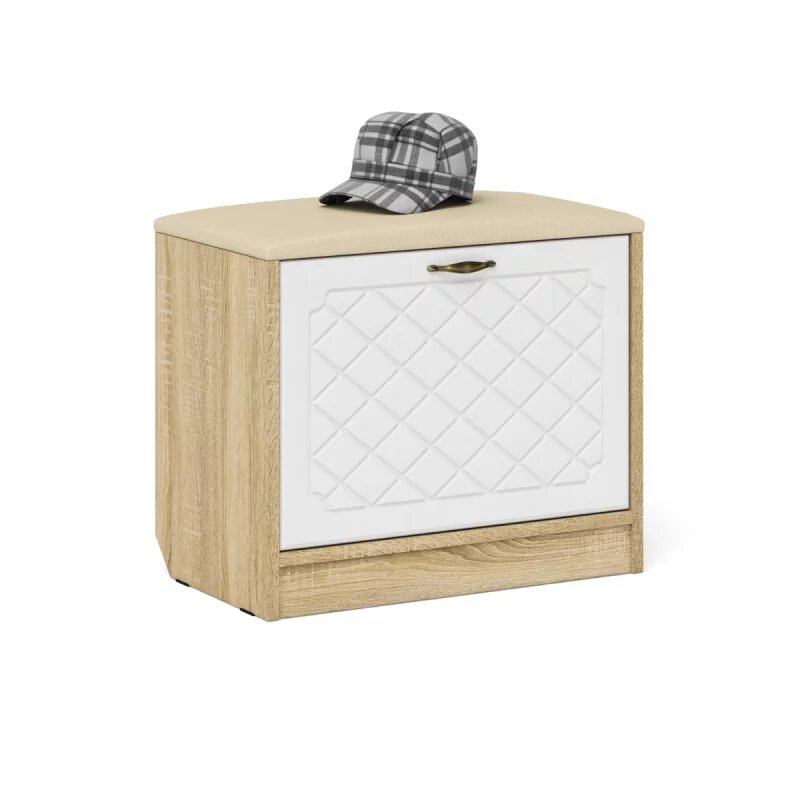 Обувница с мягким сиденьем Мебельный Двор П-6 дуб сонома, фасад Ромб МДФ белое дерево 60х35х50см