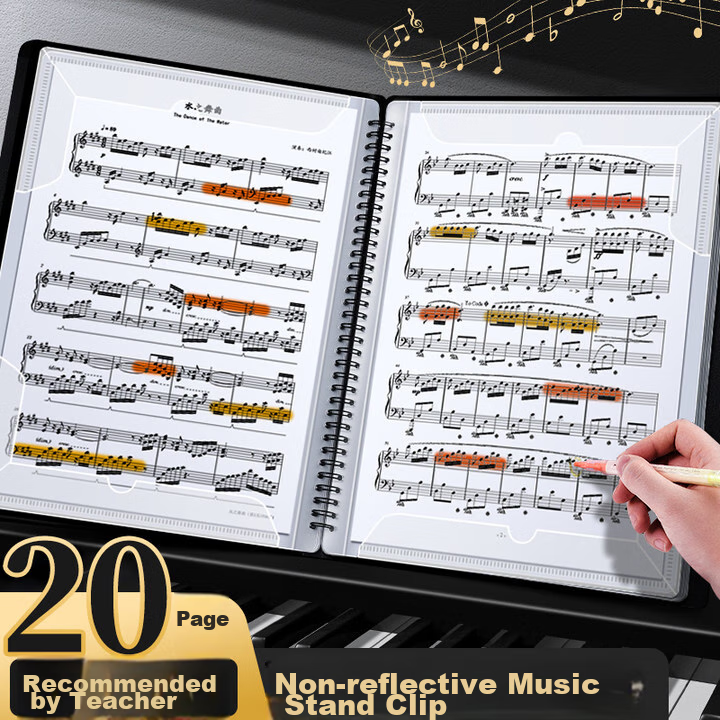 Xinshida A4/20-Page Black Sheet Music Folder, Editable Document Organizer, File Folder for Piano, Drum, Guitar, Guzheng, Song Music, Staff Paper, Non-Reflective Loose-Leaf, Expandable for Writing