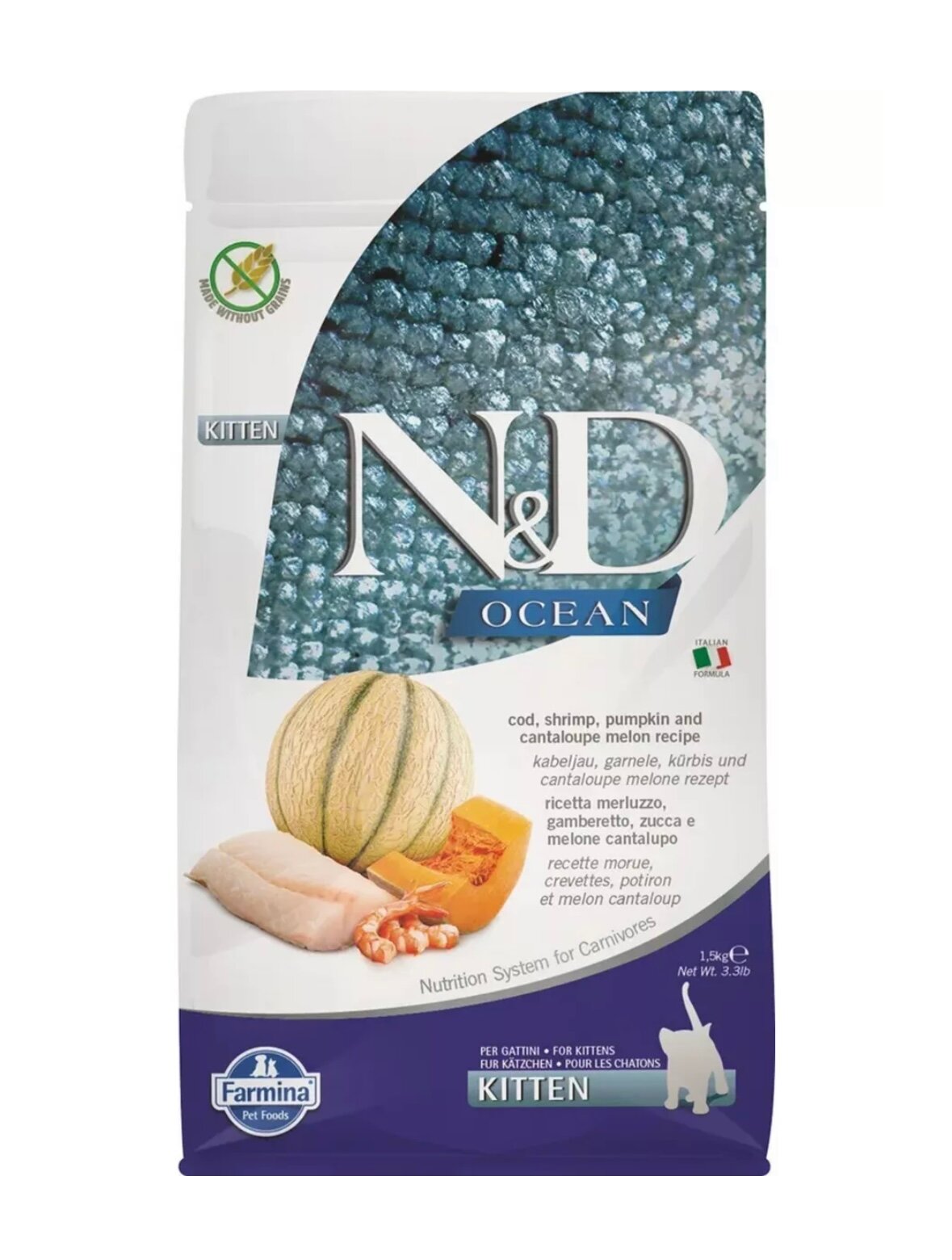 Сухой корм Farmina ND Ocean Cat Cod, Shrimp, Pumpkin, Cantaloupe Melon Kitten для котят, треска, креветка, тыква и дыня, 1,5кг